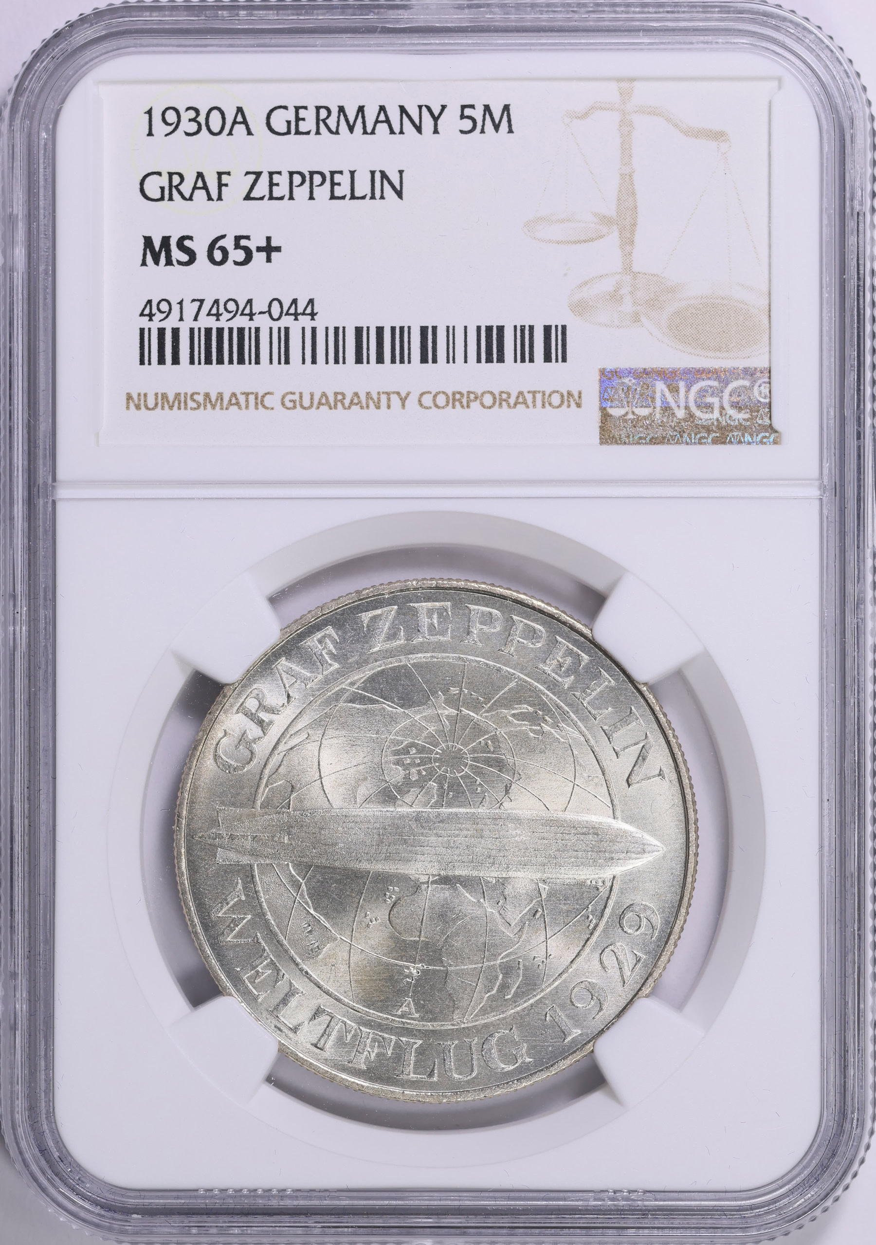 Germany 1930-A Silver 5 Graf Zeppelin KM-68 NGC MS-65+ (Item 1848352 ...