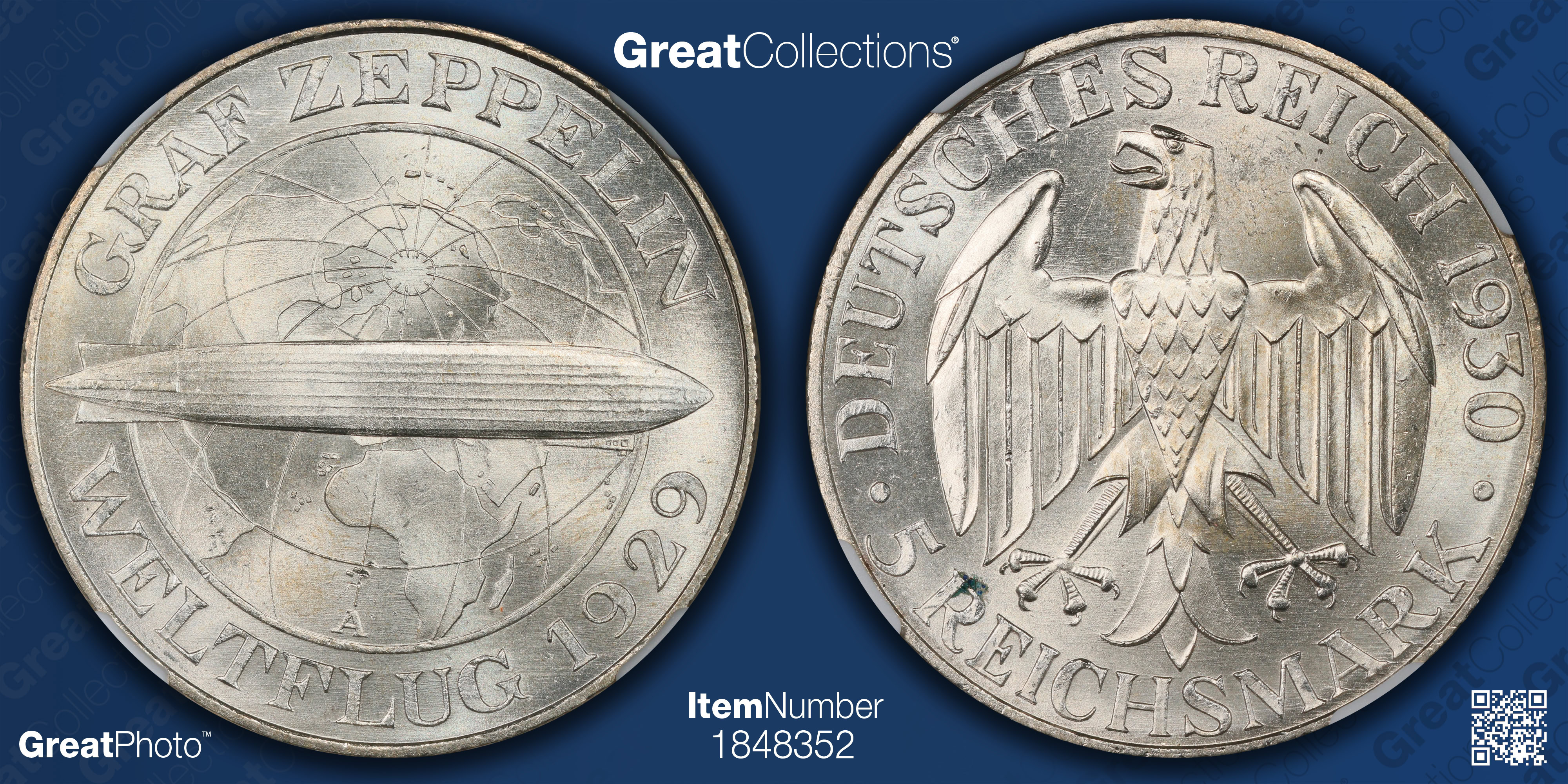 Germany 1930-A Silver 5 Graf Zeppelin KM-68 NGC MS-65+ (Item 1848352 ...