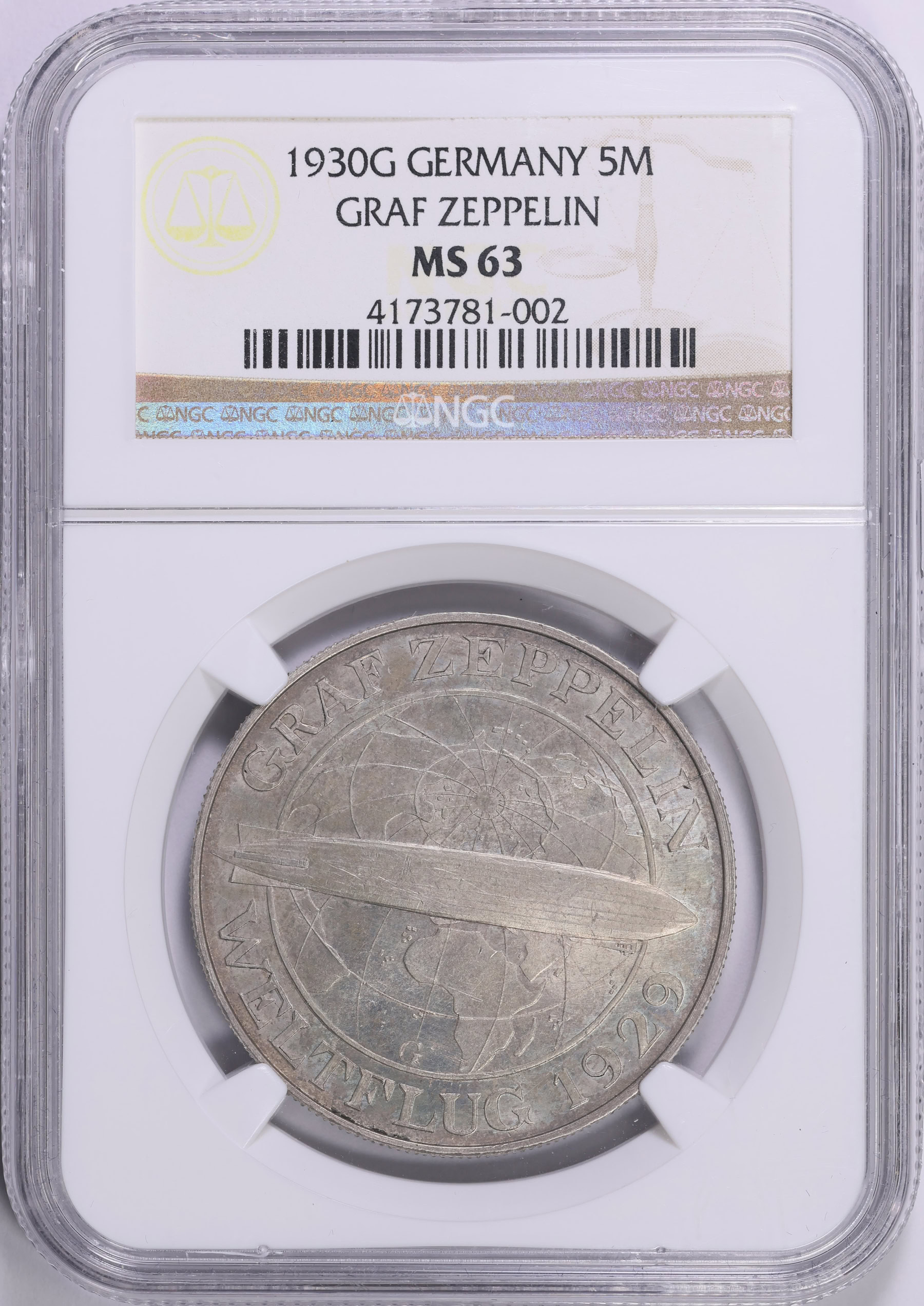 Germany 1930-G Silver 5 Graf Zeppelin KM-68 NGC MS-63 (Item 1848353 ...