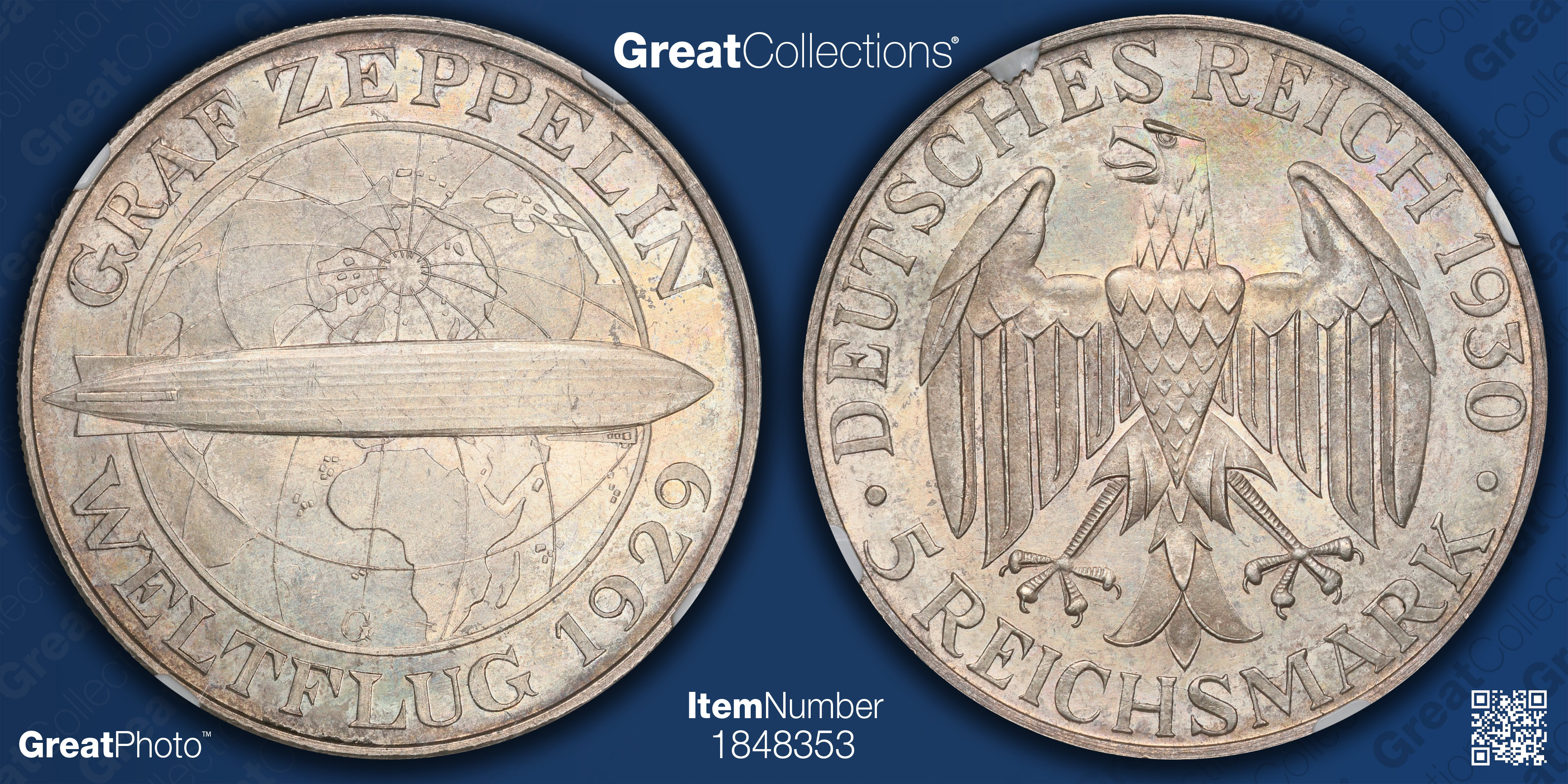 Germany 1930-G Silver 5 Graf Zeppelin KM-68 NGC MS-63 (Item 1848353 ...