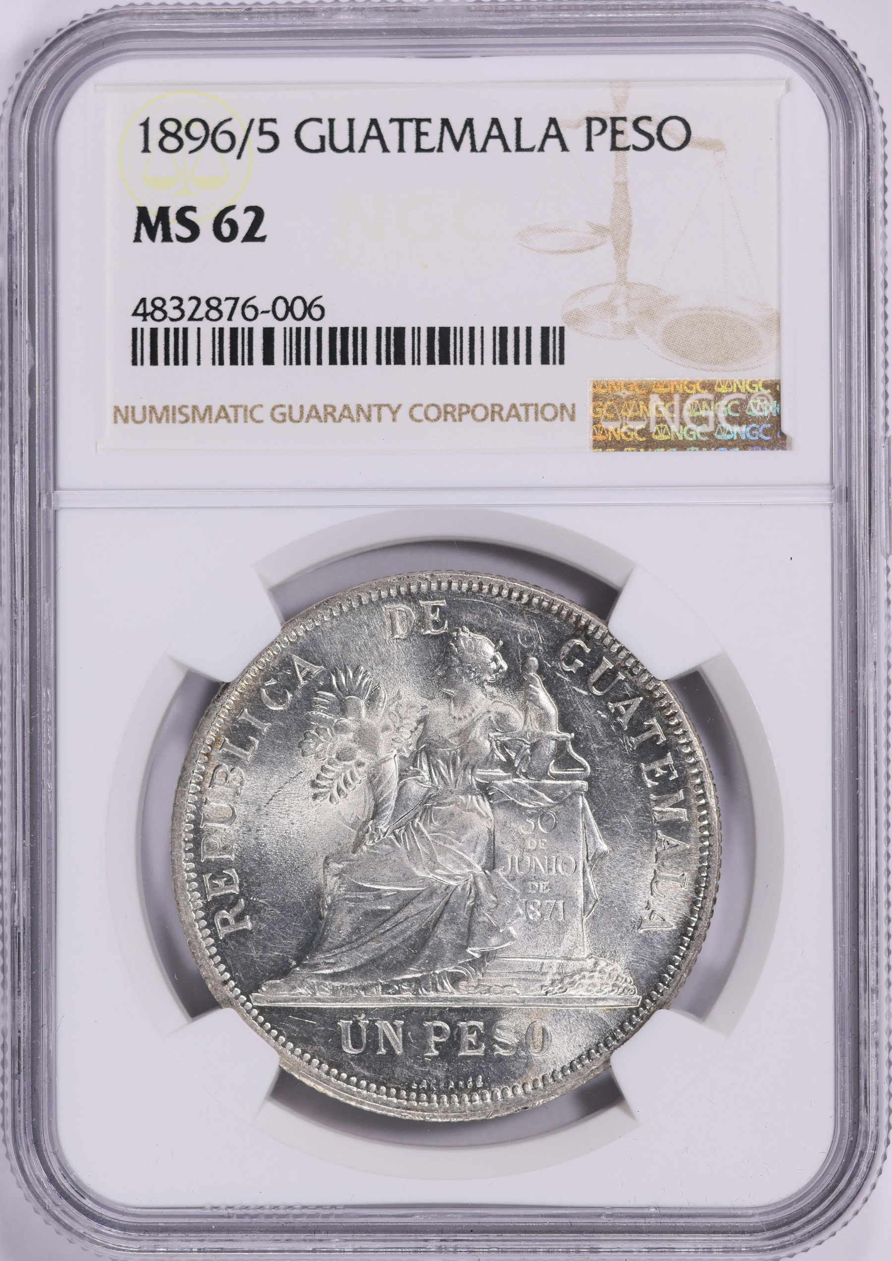Guatemala 1896/5 Silver Peso KM-210 NGC MS-62 | NGC Cert #4832876-006 ...