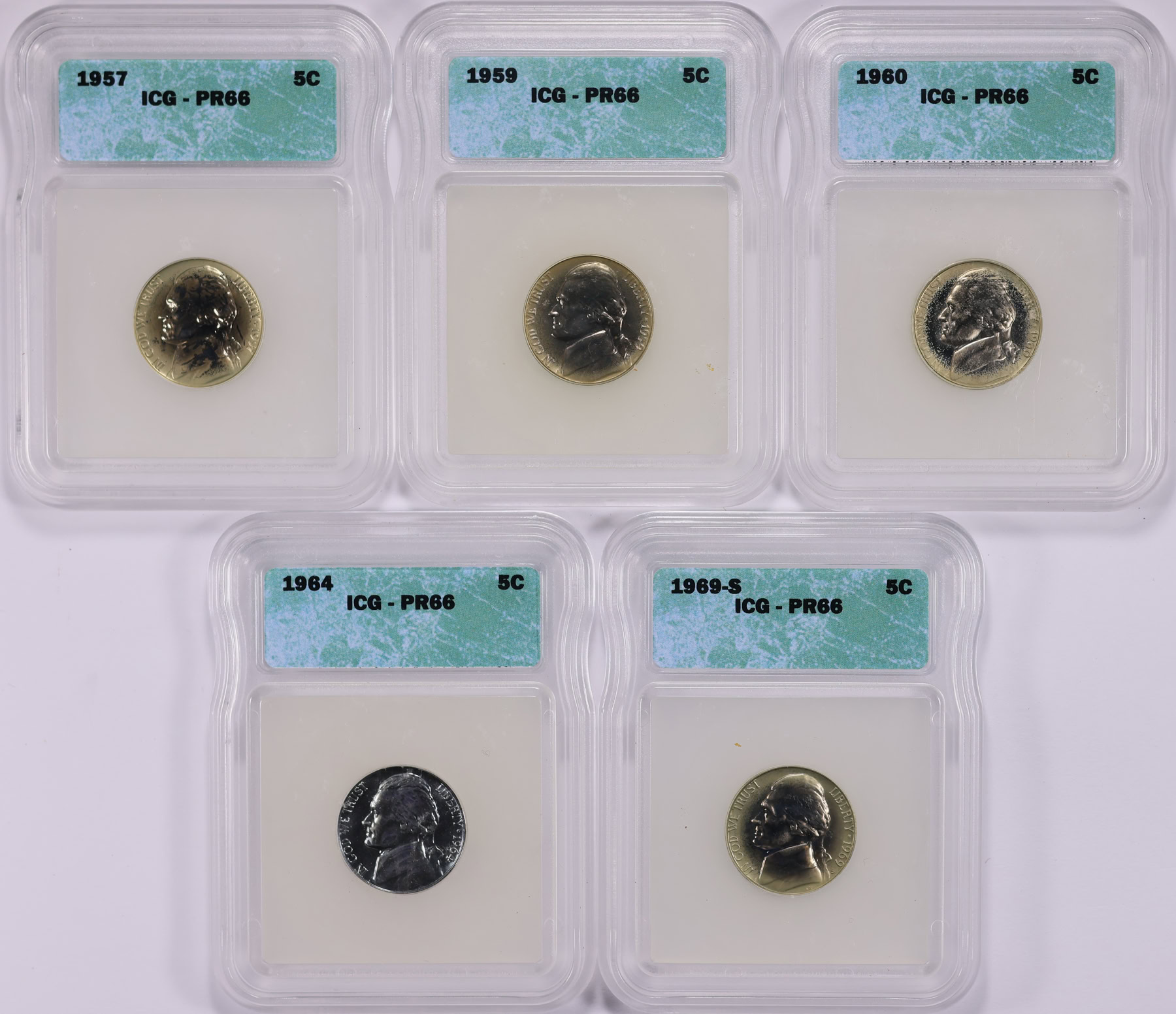1957, 1959, 1960, 1964 and 1969-S Jefferson Nickel ICG Proof-66 (5 ...