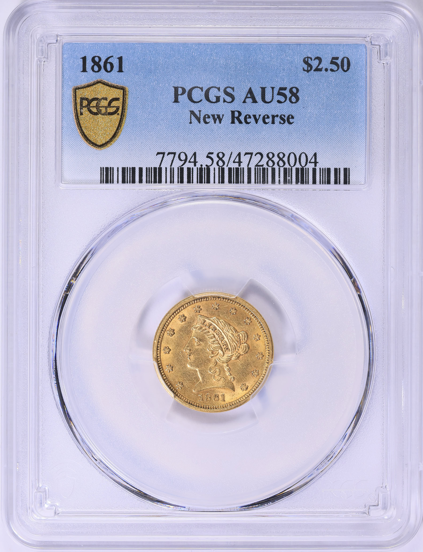 1861 Liberty Gold Quarter Eagle New Reverse PCGS AU-58 (Item 1848565) | GreatCollections Coin ...