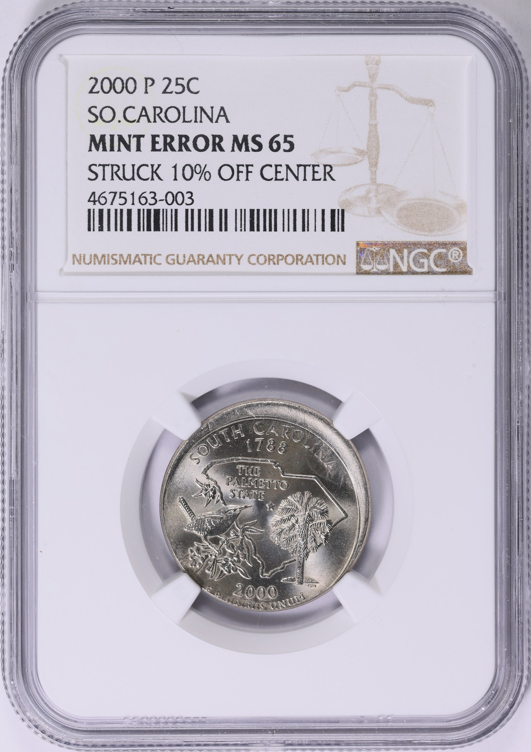 Mint Error 2000-P State Quarter South Carolina Struck 10% Off Center ...