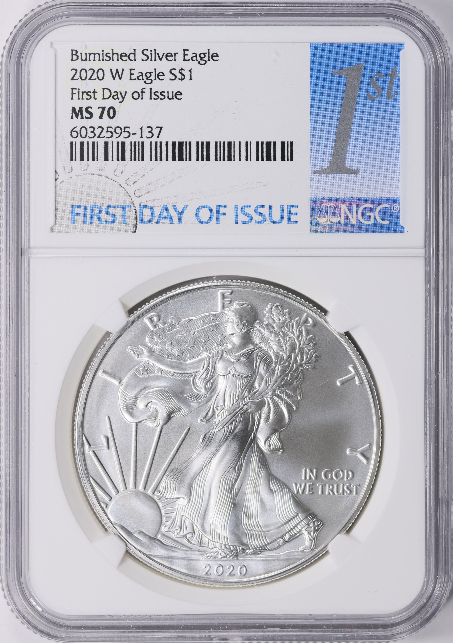 2020-W $1 Silver Eagle First Day of Issue Burnished NGC MS-70 (Item 1848895) | GreatCollections ...