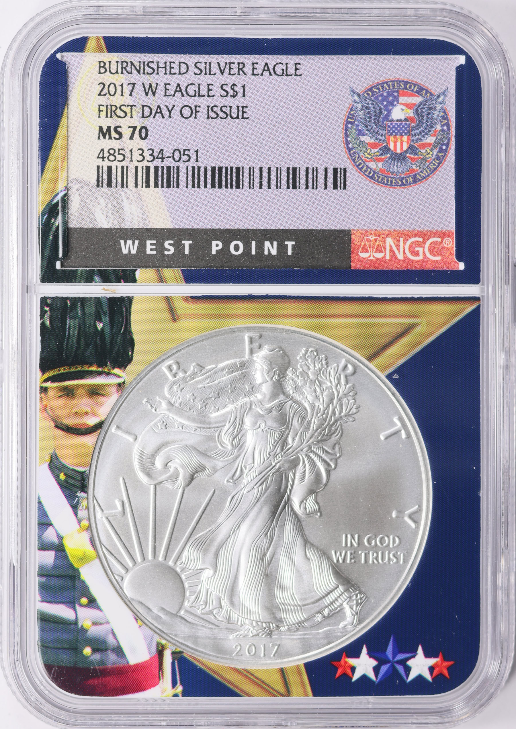 2017-W $1 Silver Eagle Burnished First Day of Issue NGC MS-70 (West Point Frame Holder) (Item ...