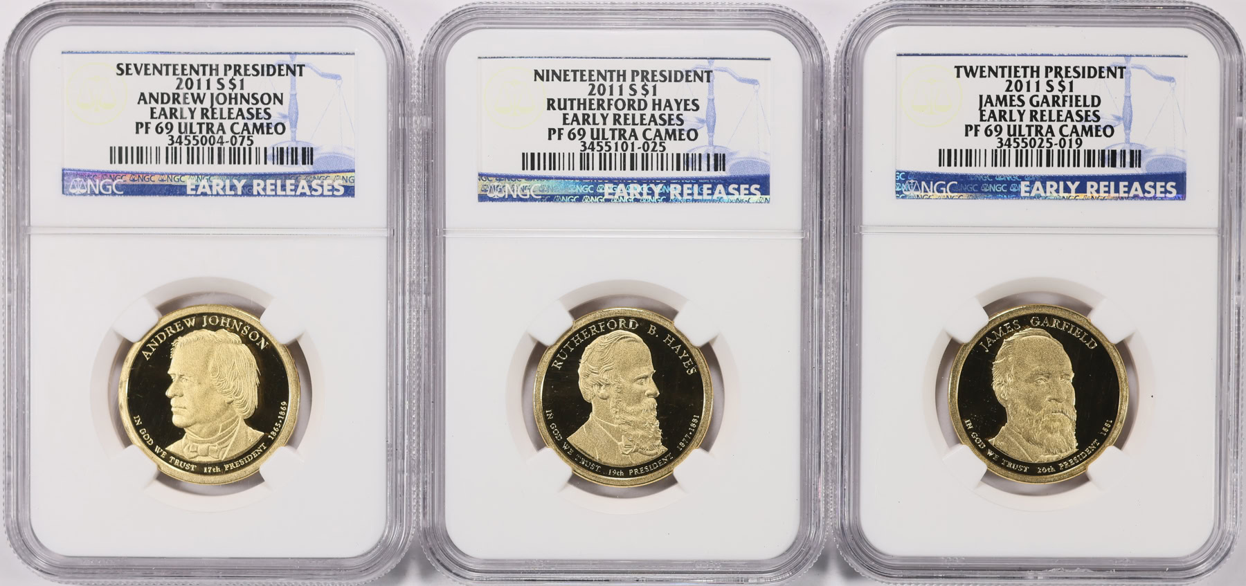 2011-S Presidential Dollar Andrew Johnson, Rutherford Hayes and James ...