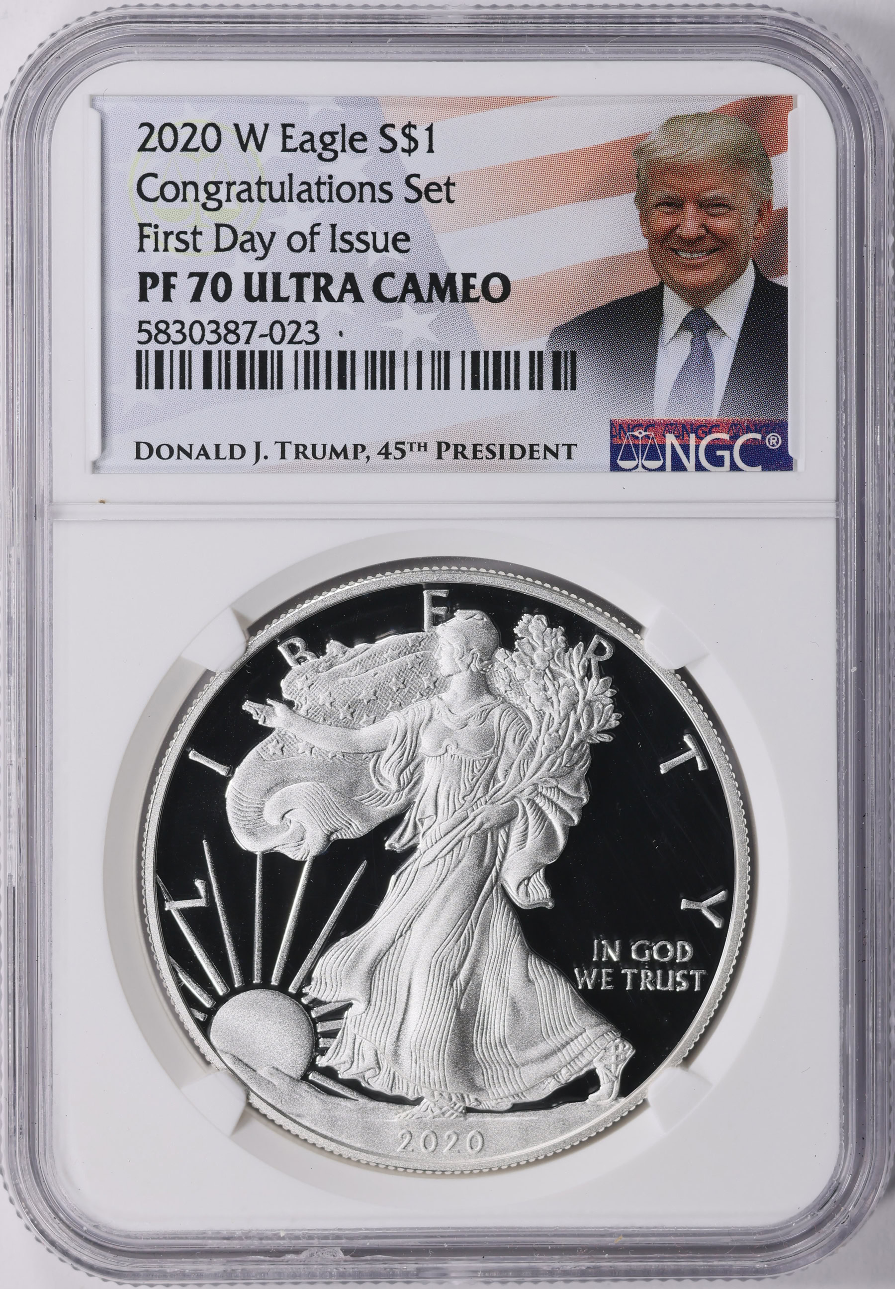 2020-W $1 Silver Eagle First Day of Issue NGC Proof-70 UC (Donald Trump ...