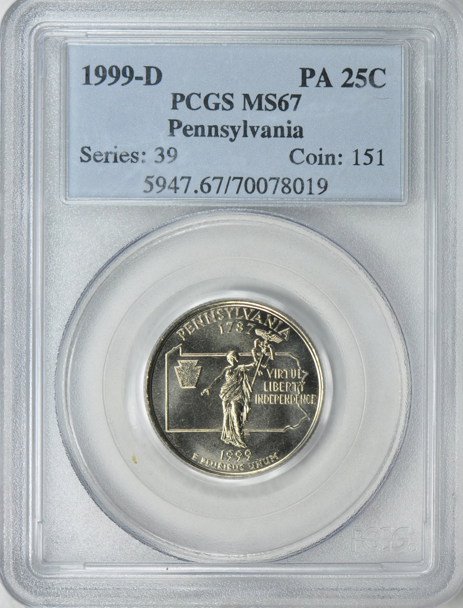 1999-D State Quarter Pennsylvania PCGS MS-67 (Item 184904 ...