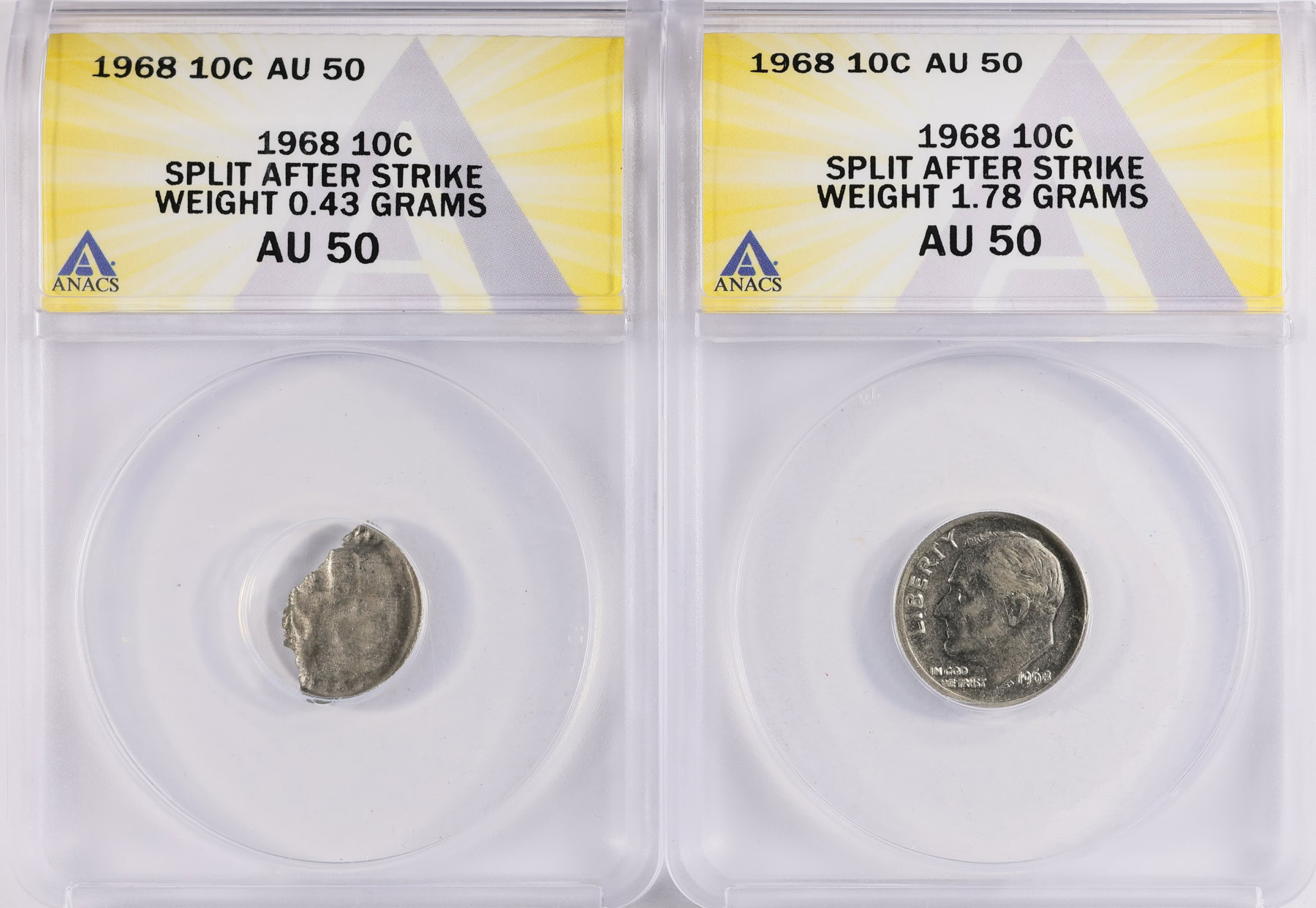 Mint Error 1968 Roosevelt Dime Split After Strike Halves ANACS AU-50 (2 ...