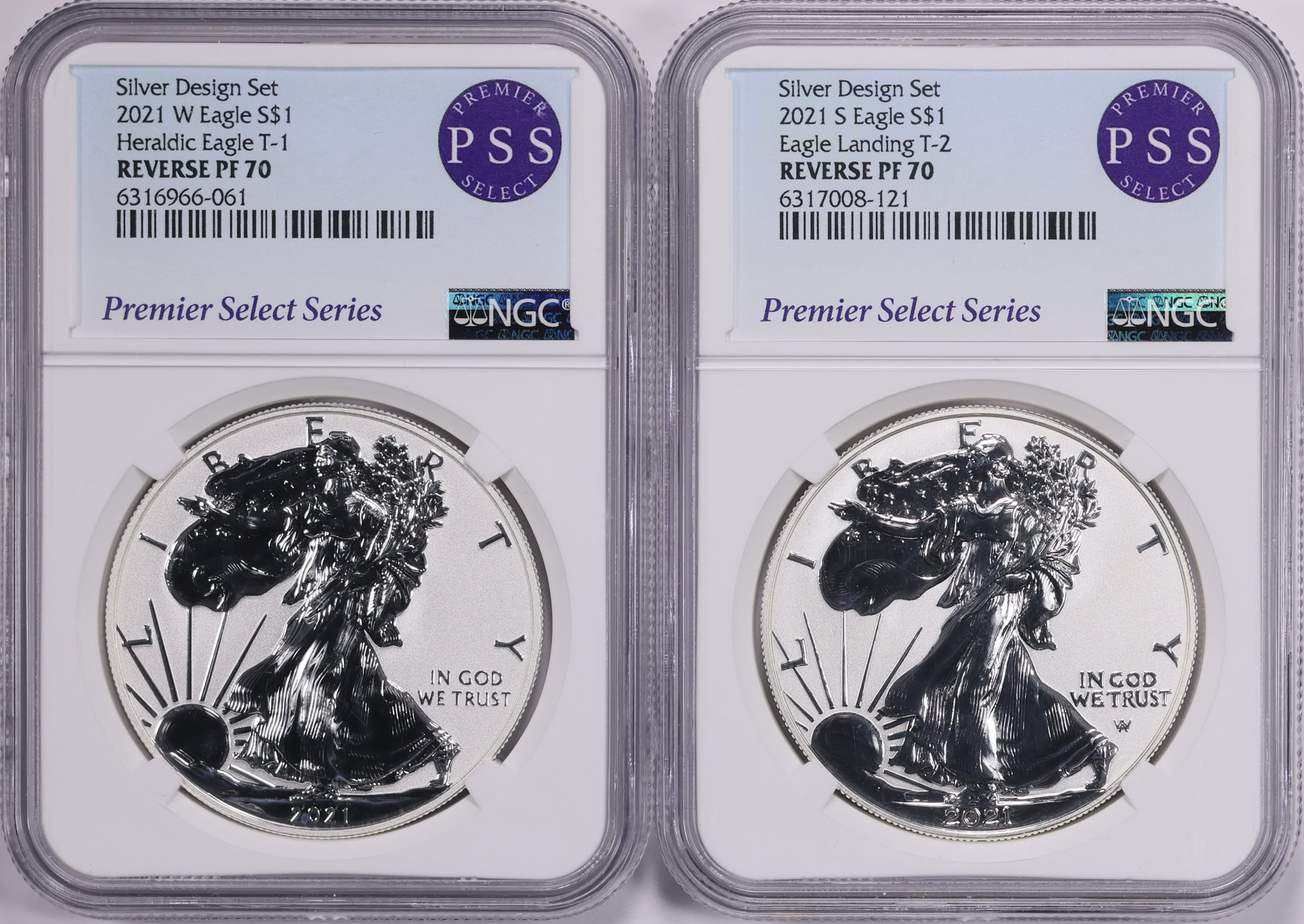 2021-W and 2021-S $1 Silver Eagle Reverse Proof Type 1 and Type 2 Designer Edition NGC Proof-70 ...