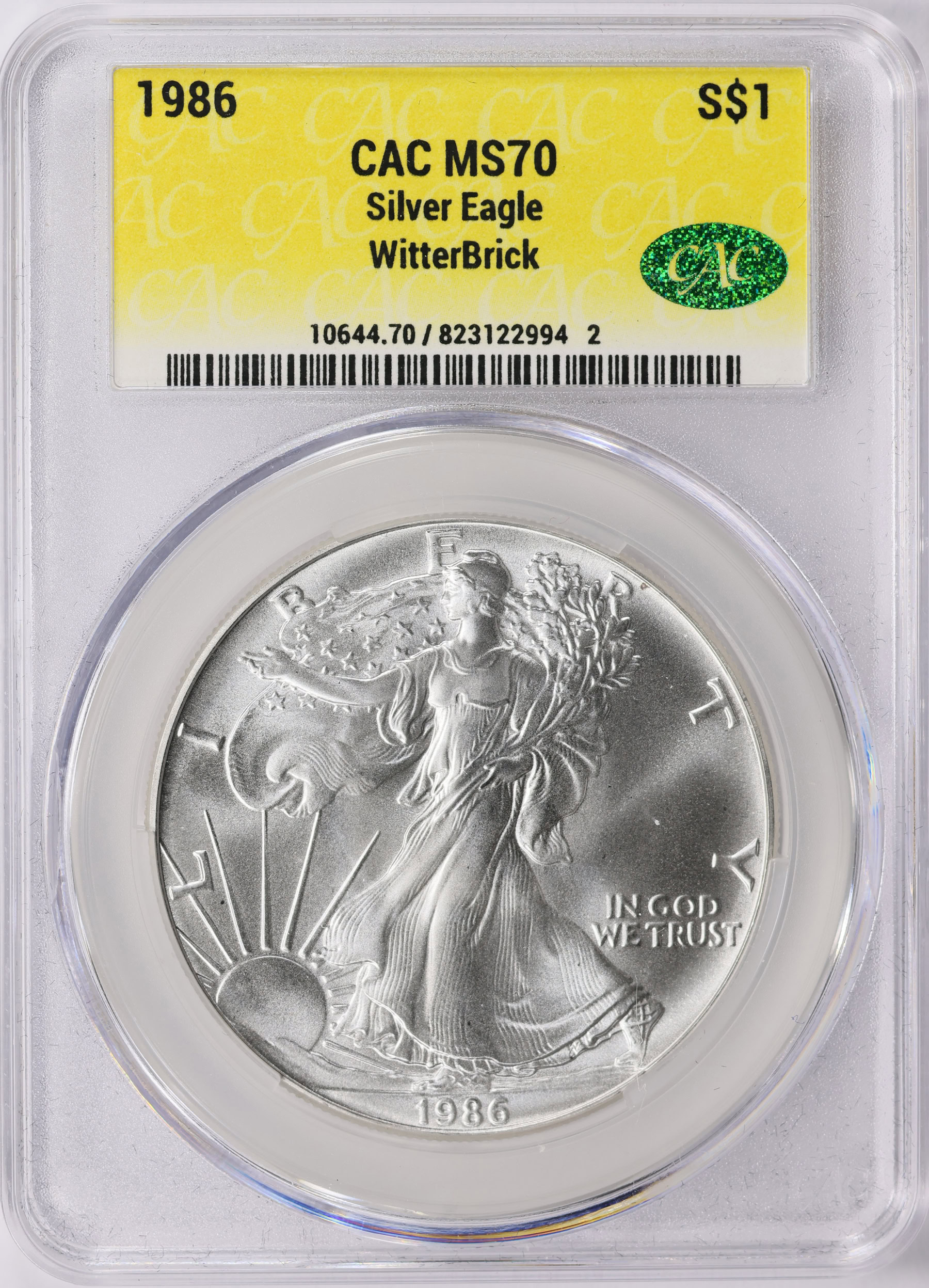 1986 $1 Silver Eagle CACG MS-70 (WitterBrick, Signed Seth Chandler ...