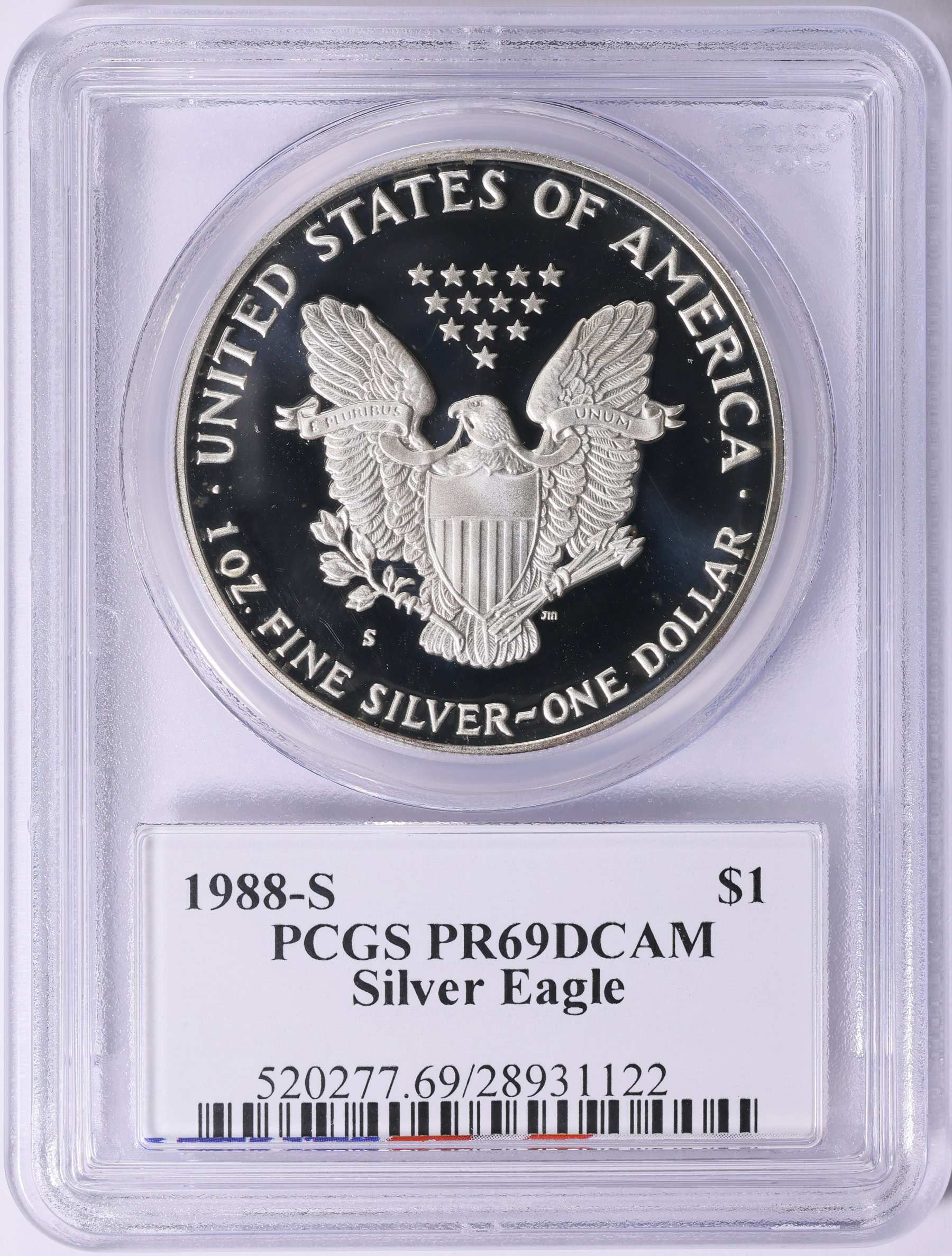 1988-S $1 Silver Eagle PCGS Proof-69 DCAM (Moy Signed Label) (Toned ...