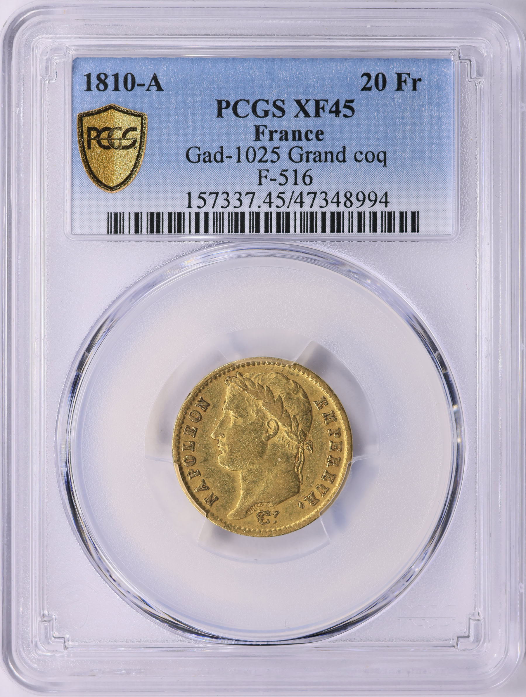 France 1810-A Gold 20 Francs Grand Coq KM-695.1 PCGS XF-45 (AGW = 0. ...