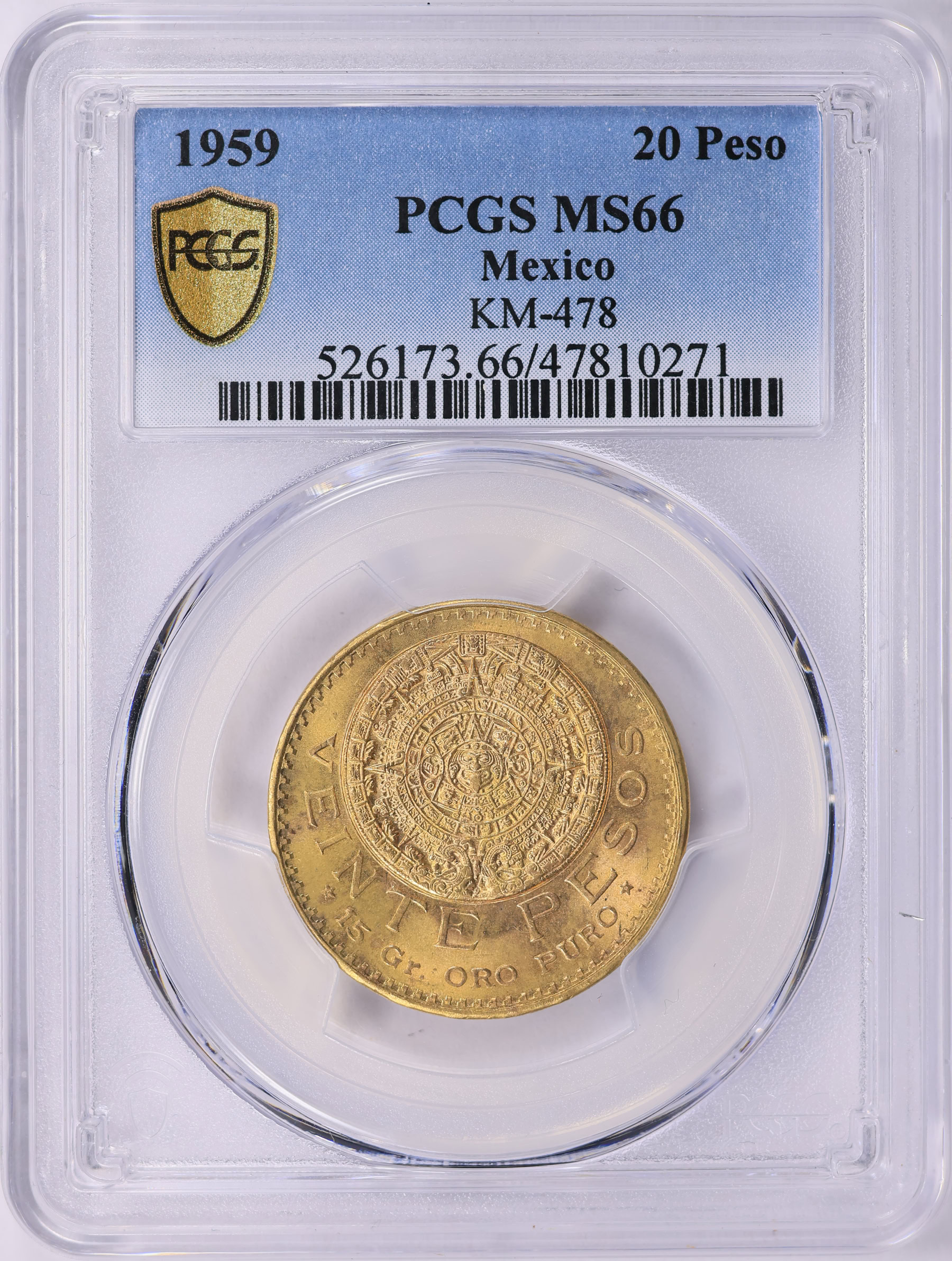 Mexico 1959 Gold 20 Pesos KM-478 PCGS MS-66 (AGW = 0.4822 oz.) (Item 1849537) | GreatCollections ...