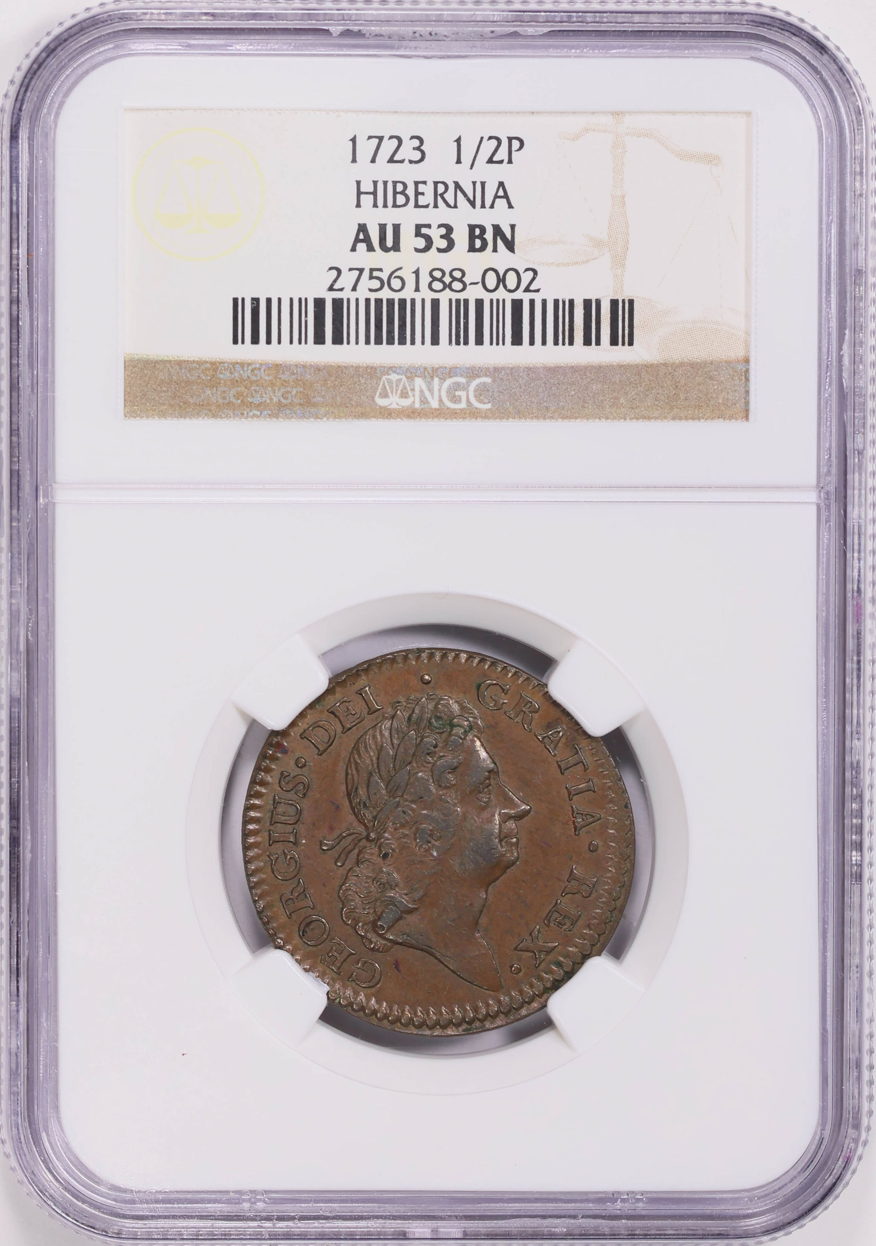 1723 Woods Hibernia Halfpence NGC AU-53 BN (Item 1849546) | GreatCollections Coin Auctions