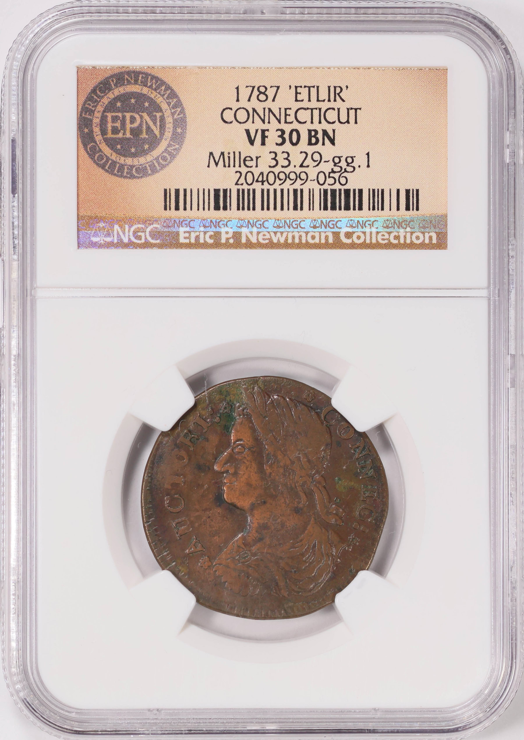 1787 Connecticut Copper ETLIR, Miller 33.29-gg.1 NGC VF-30 BN (Ex: Eric ...