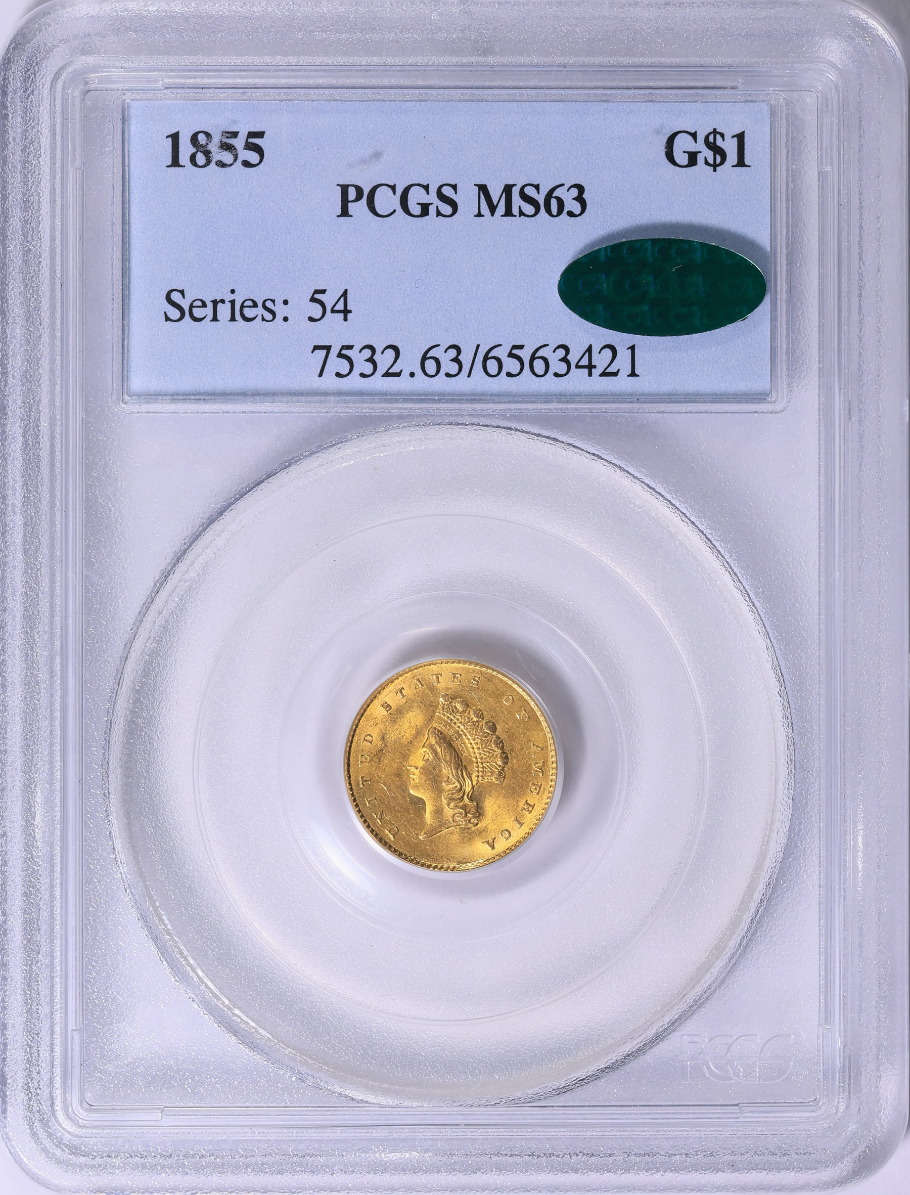 1855 Indian Princess Gold Dollar PCGS MS-63 (CAC Green) (Item 1849714) | GreatCollections Coin ...