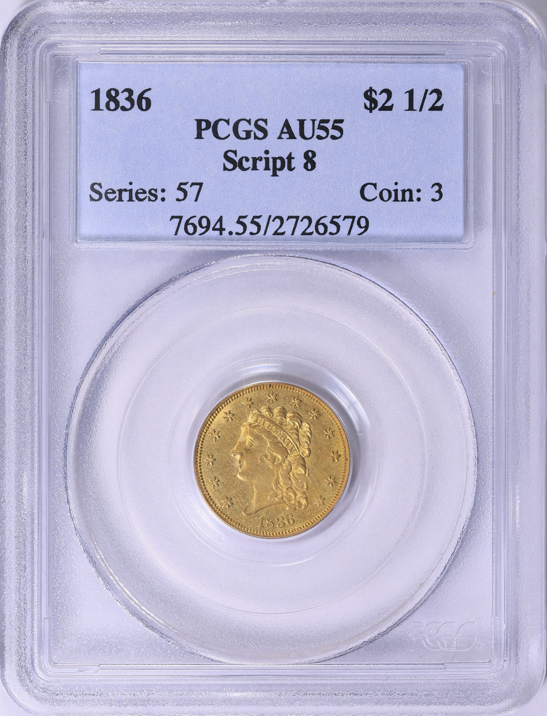 1836 Classic Gold Quarter Eagle Script 8 PCGS AU-55 (Item 1849734 ...