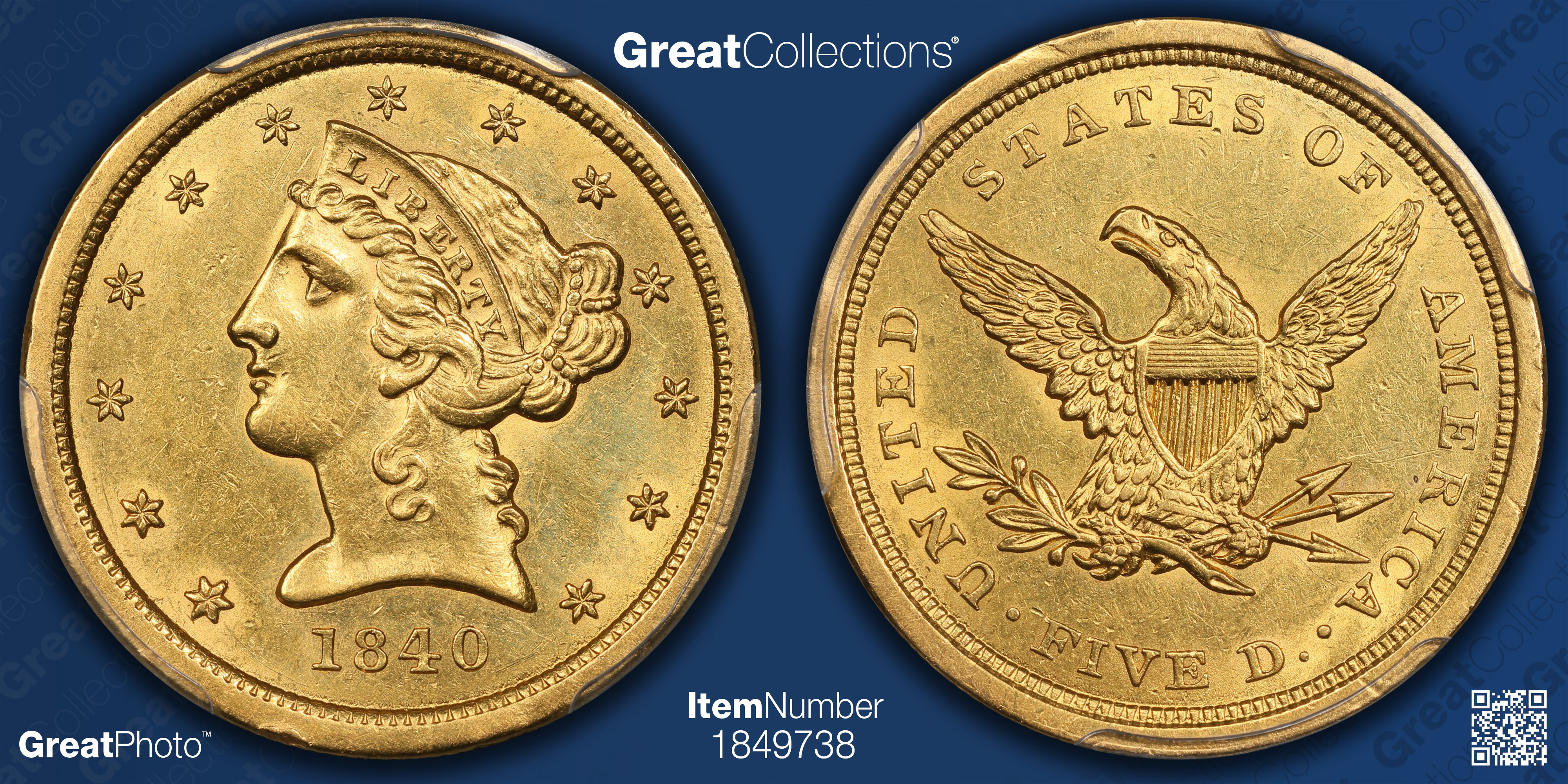 1840 Liberty Gold Half Eagle PCGS AU-58 (Item 1849738 ...
