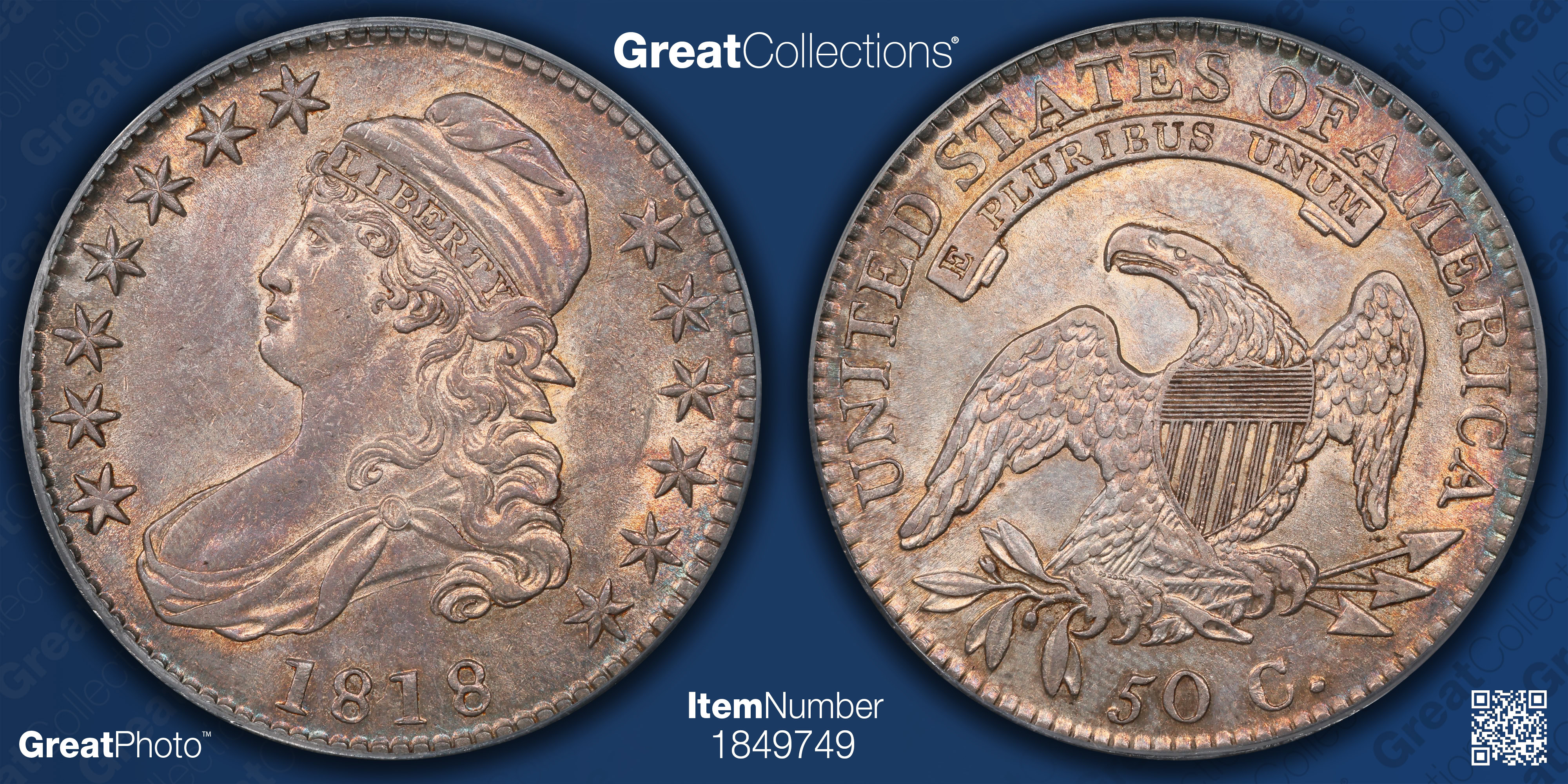 1818 Capped Bust Half Dollar PCGS AU-58 (CAC Green) (Toned) (Item ...