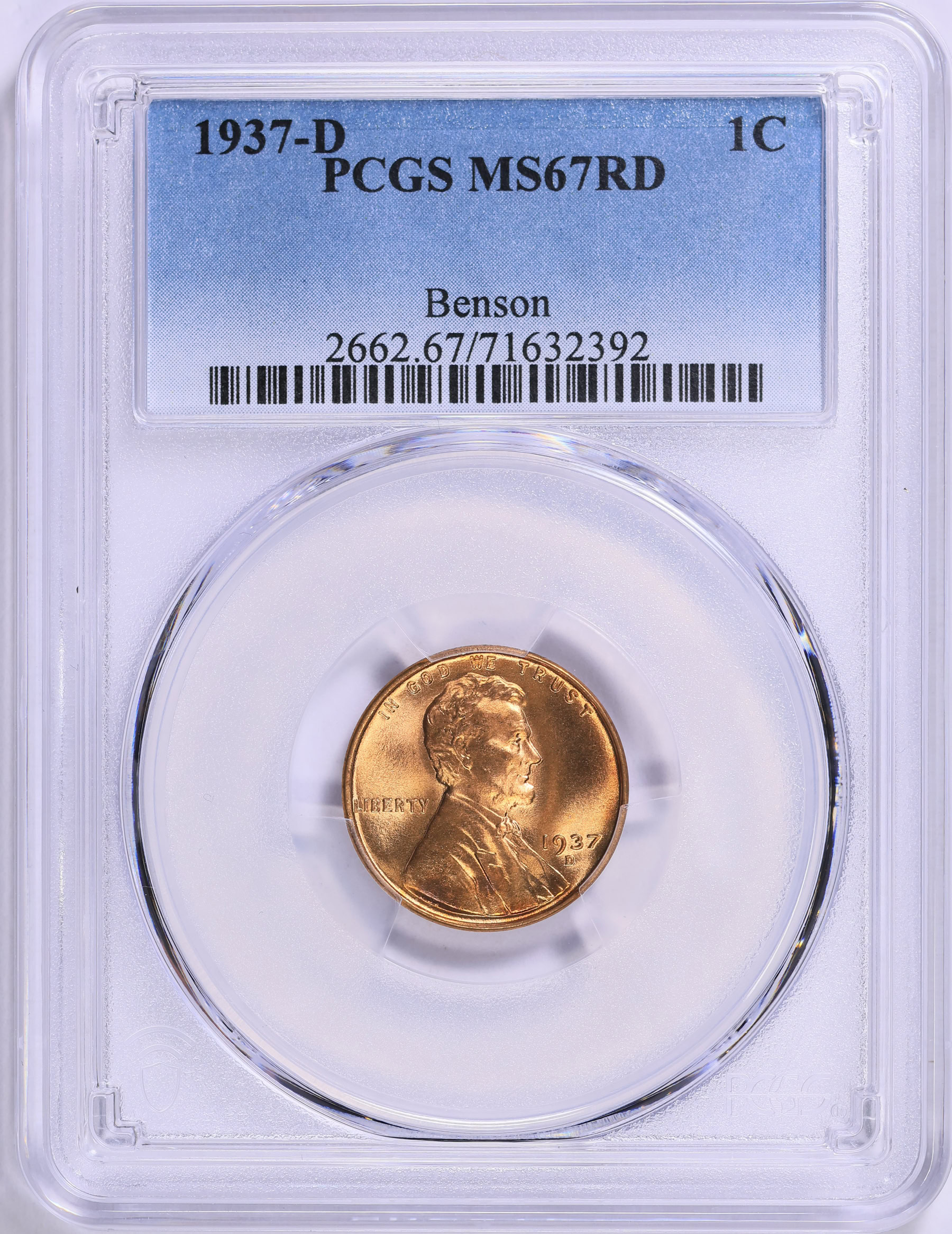 1937-D Lincoln Cent PCGS MS-67 RD (Benson Collection) (Item 1849870) | GreatCollections Coin ...