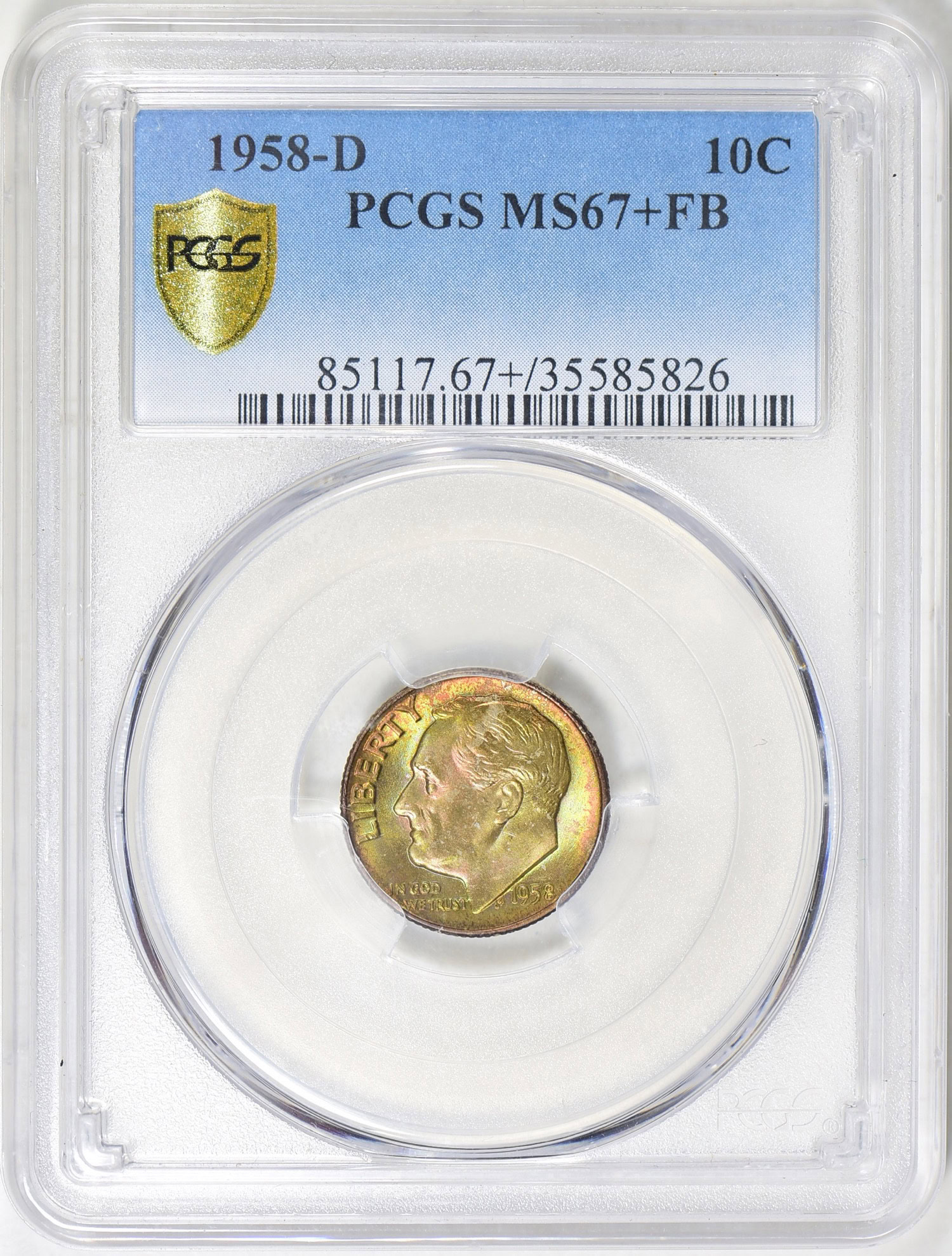 1958-D Roosevelt Dime PCGS MS-67+ FB (Toned) (Item 1849925) | GreatCollections Coin Auctions