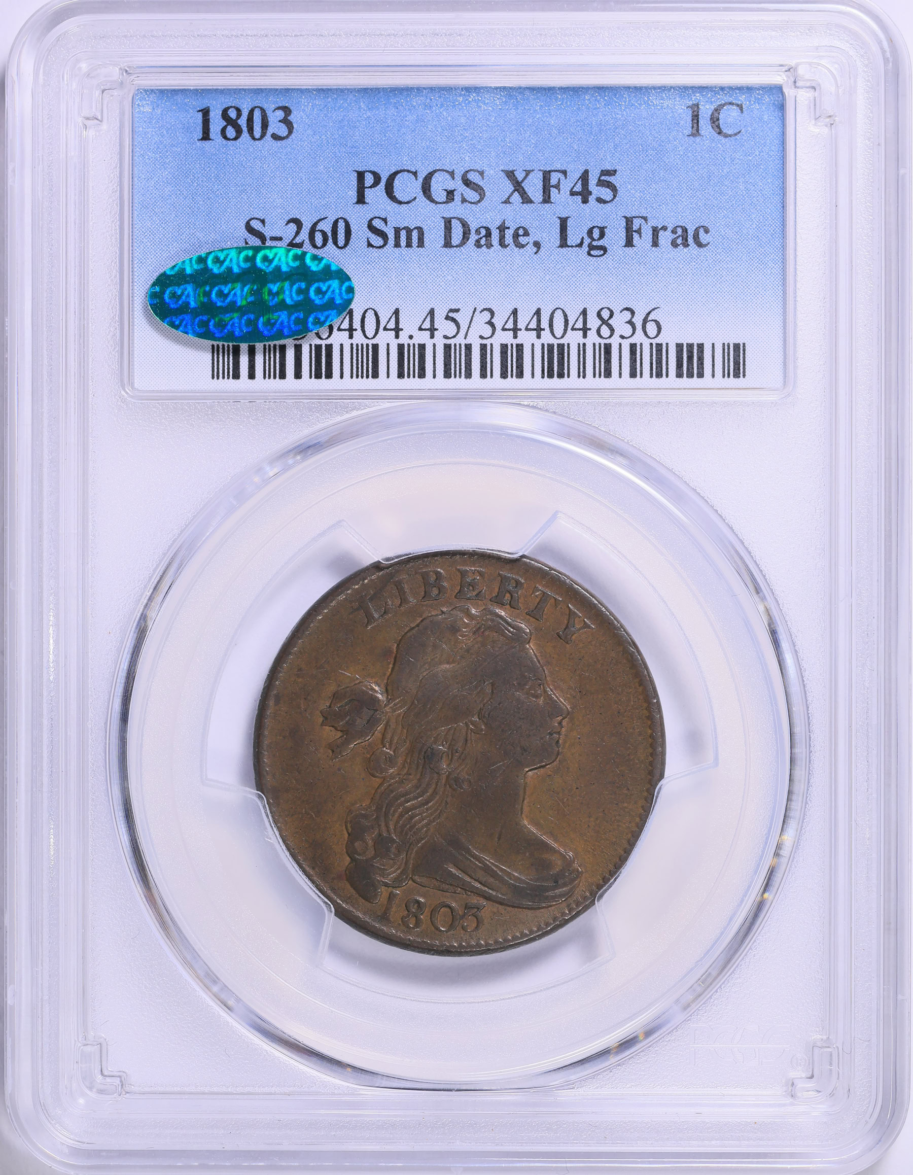 1803 Draped Bust Cent Small Date, Large Fraction Sheldon 260 PCGS XF-45 ...
