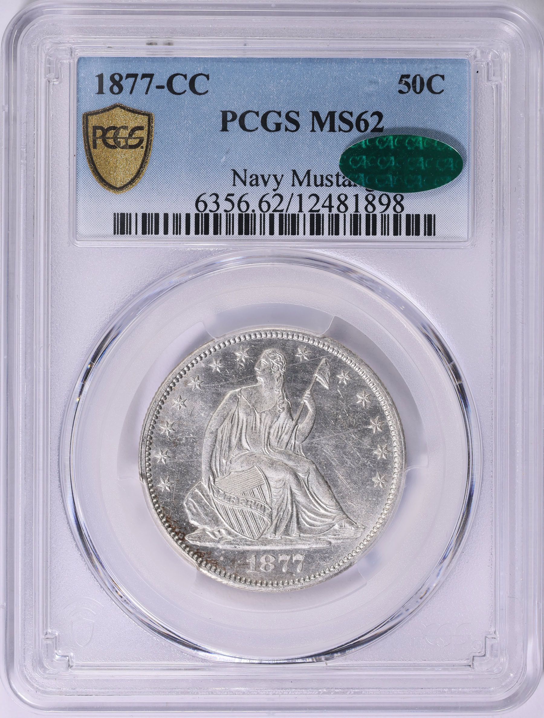 1877-CC Seated Liberty Half Dollar PCGS MS-62 (CAC Green) (Navy Mustang Collection) (Item ...