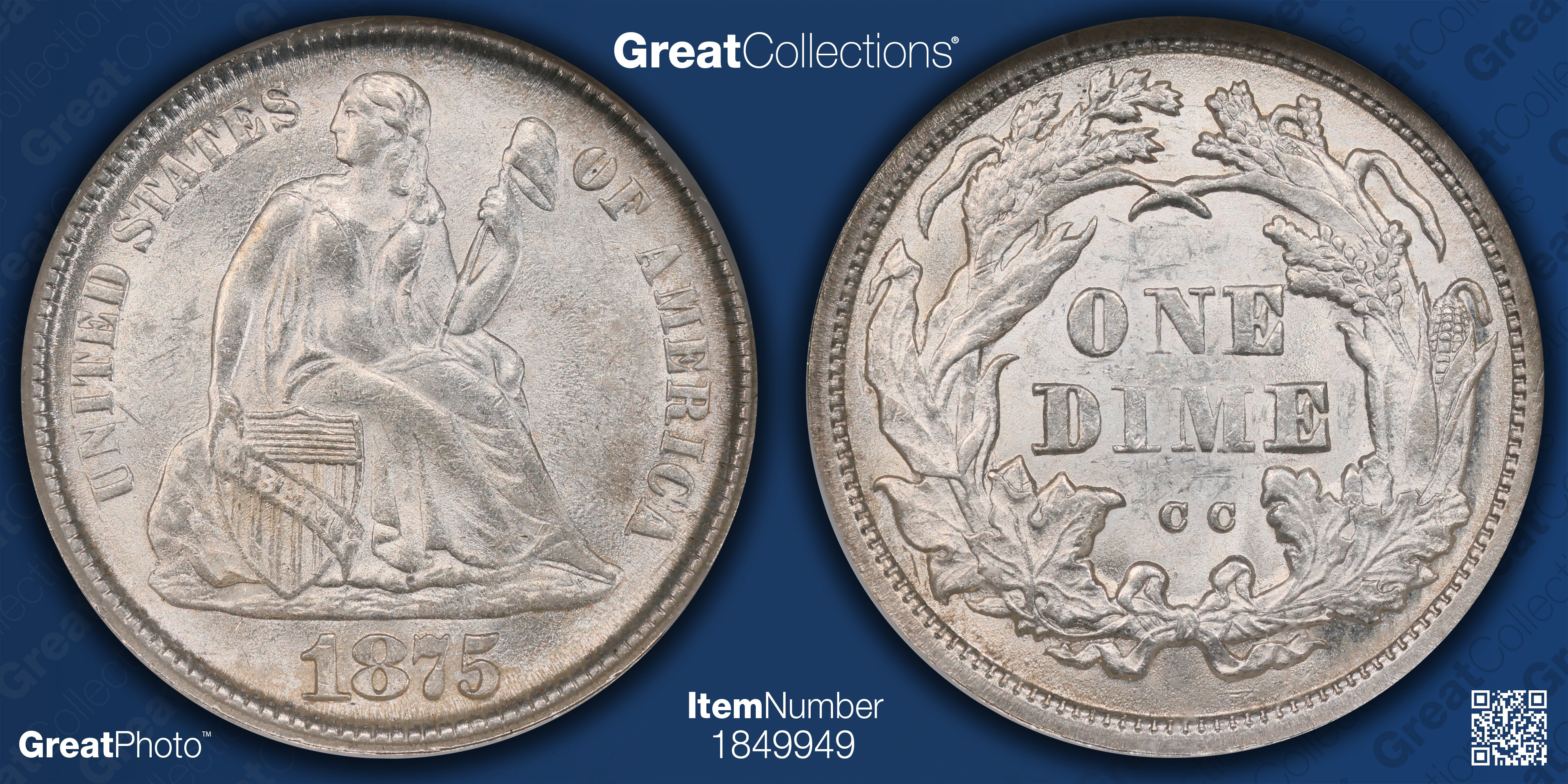 1875-CC Seated Liberty Dime Mintmark Above Bow NGC MS-63 (Item 1849949 ...