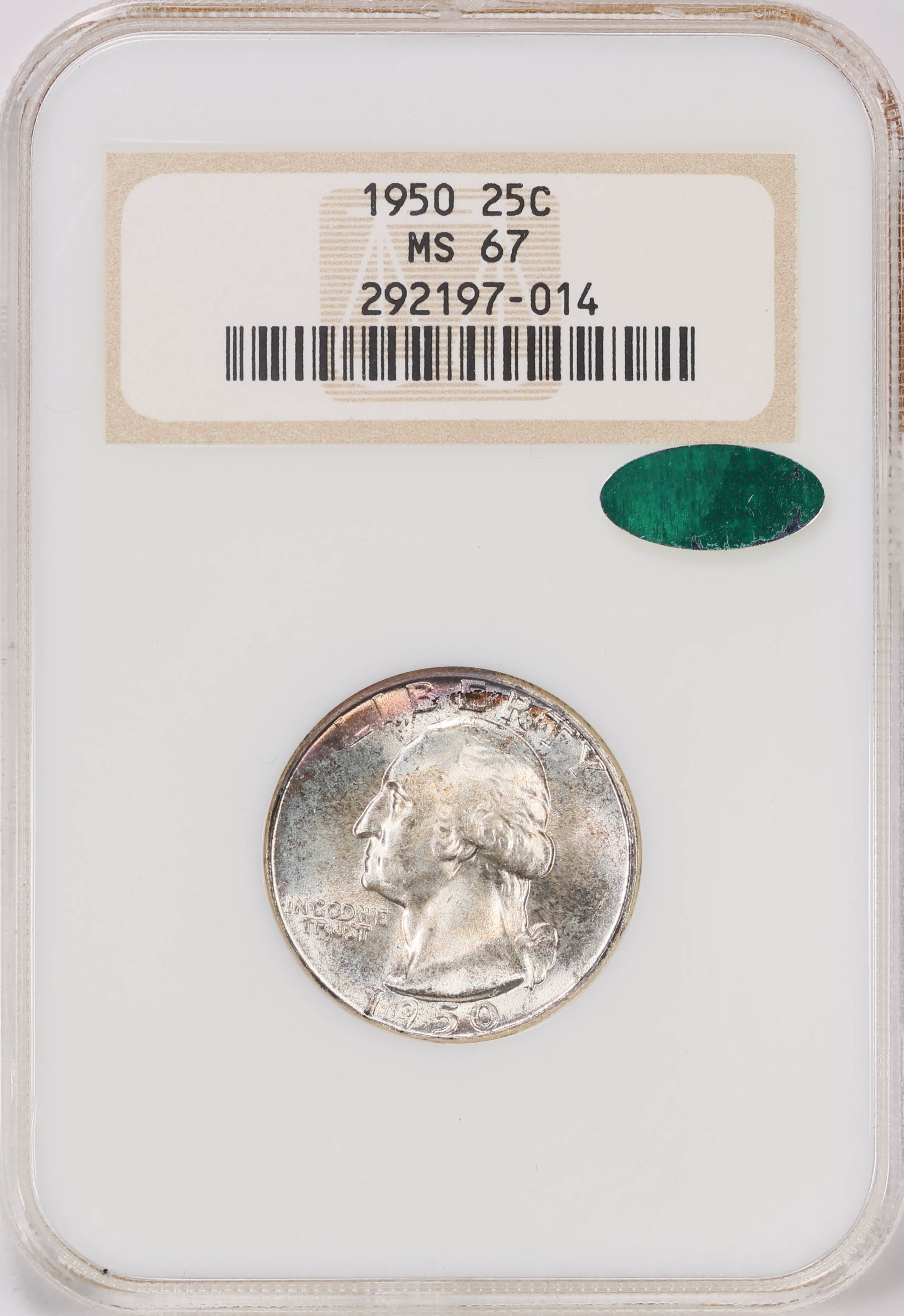 1950 Washington Quarter NGC MS-67 (CAC Green) OH (Toned) (Item 1849968) | GreatCollections Coin ...