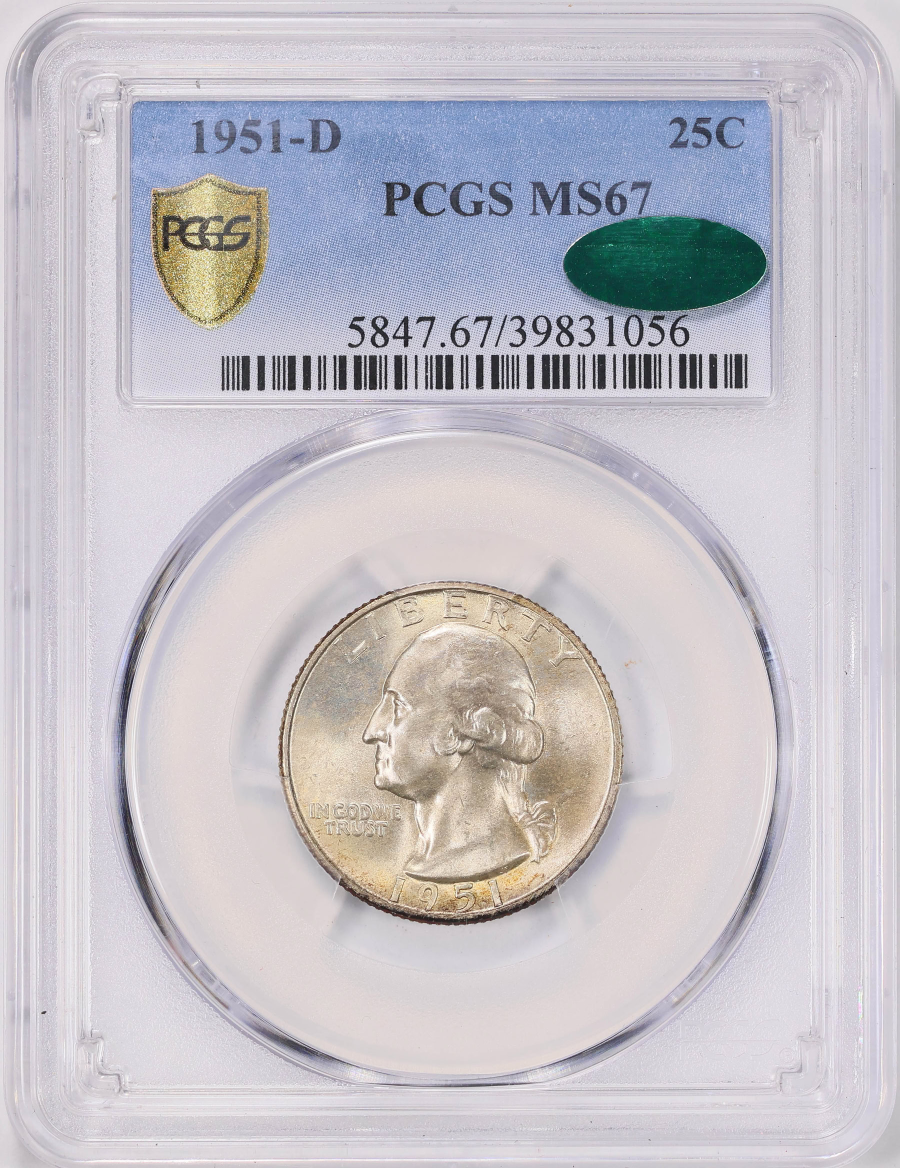 1951-D Washington Quarter PCGS MS-67 (CAC Green) (Item 1849971) | GreatCollections Coin Auctions