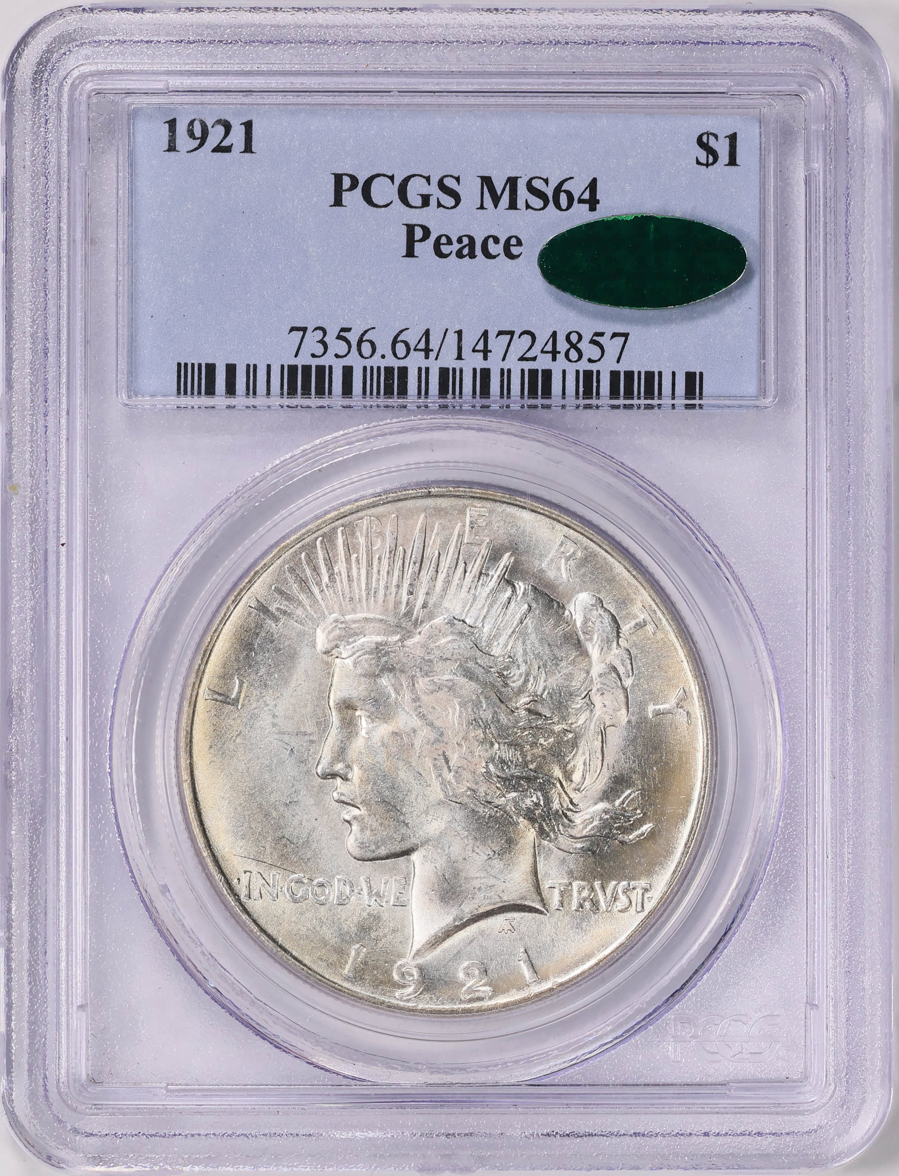 1921 Peace Silver Dollar High Relief PCGS MS-64 (CAC Green) (Item ...