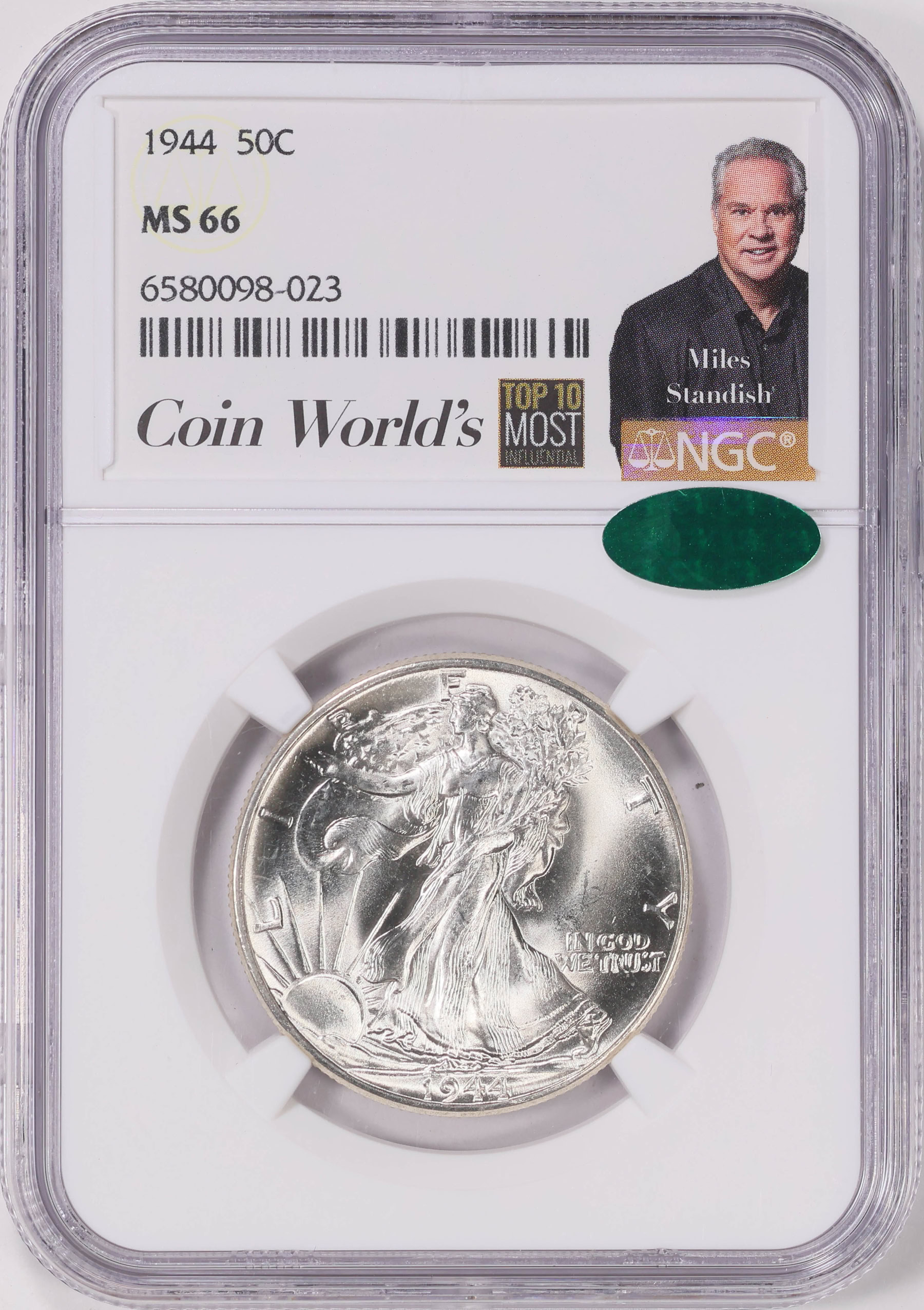 1944 Walking Liberty Half Dollar NGC MS-66 (CAC Green) (Miles Standish Label) (Item 1850006 ...
