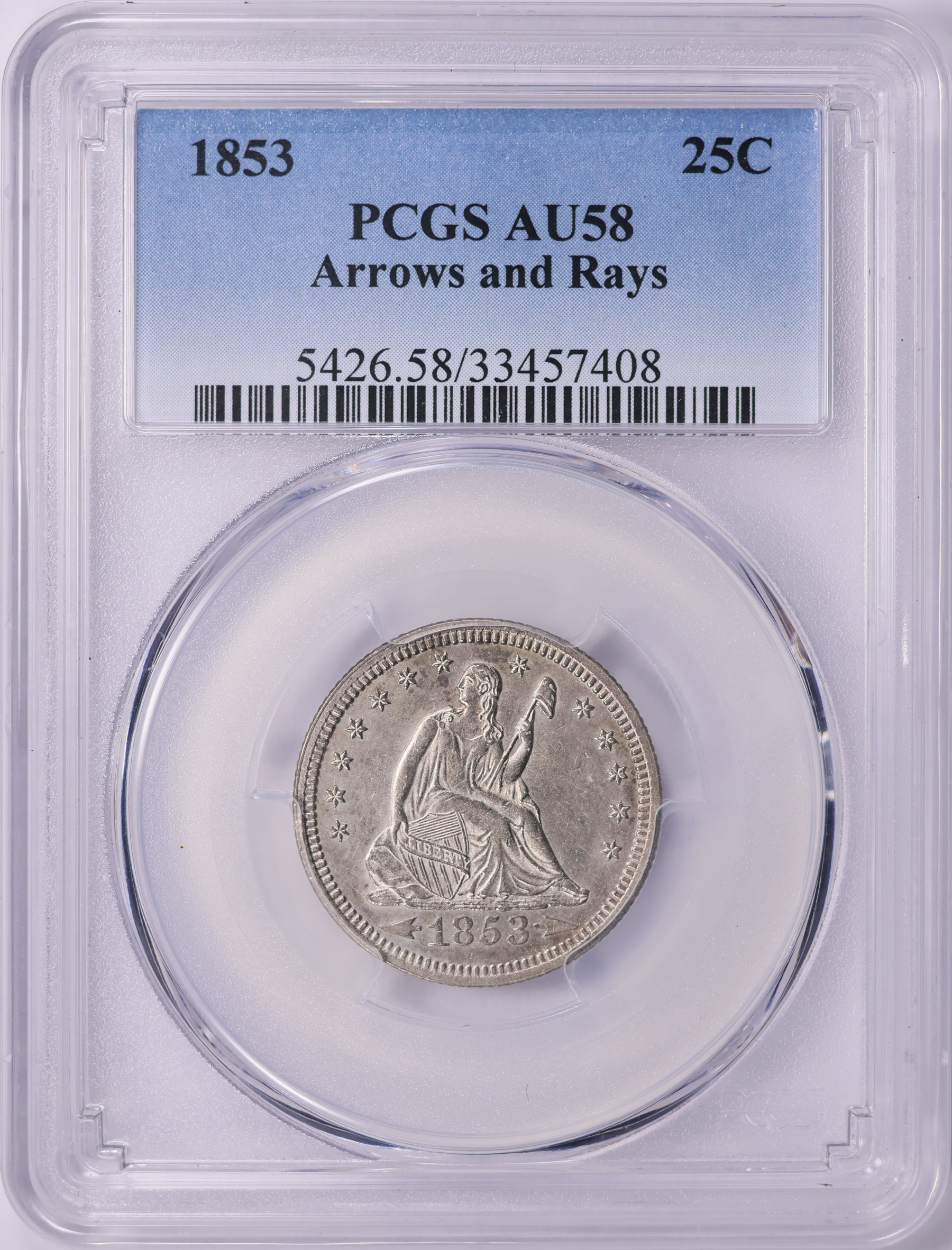 1853 Seated Liberty Quarter Arrows and Rays PCGS AU-58 (Item 1850128) | GreatCollections Coin ...