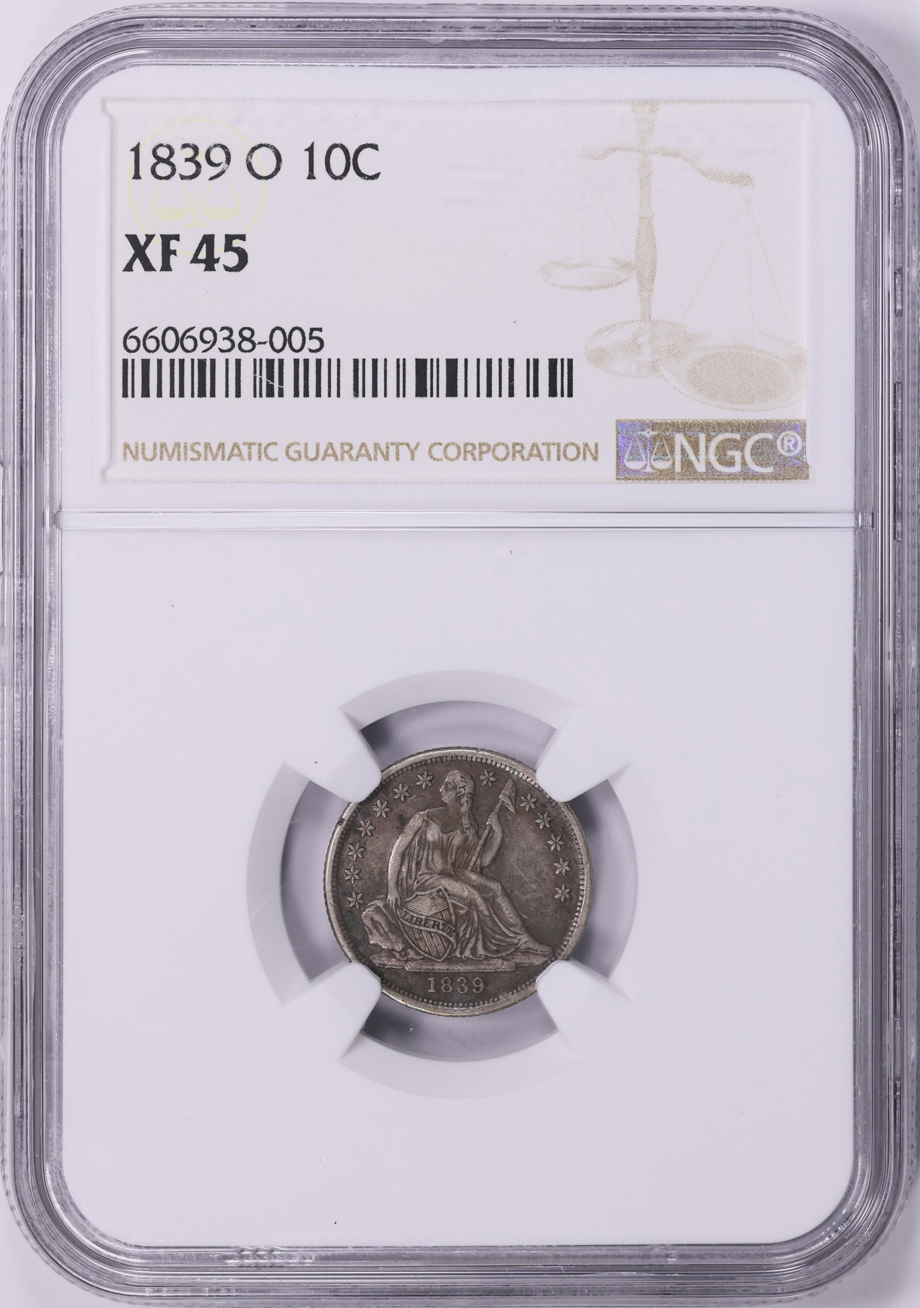 1839-O Seated Liberty Dime No Drapery NGC XF-45 (Item 1850152) | GreatCollections Coin Auctions