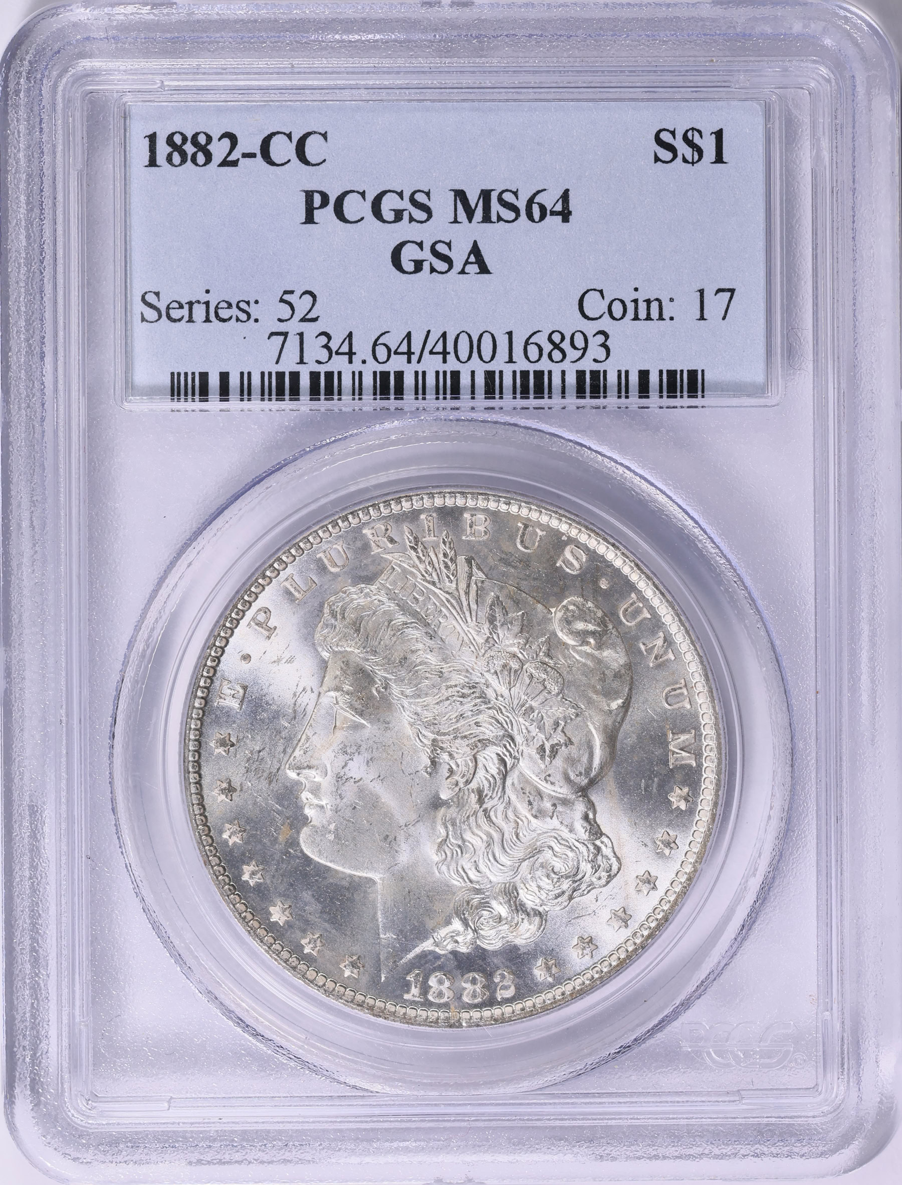 1882-CC Morgan Silver Dollar PCGS MS-64 (GSA) (Item 1850171) | GreatCollections Coin Auctions