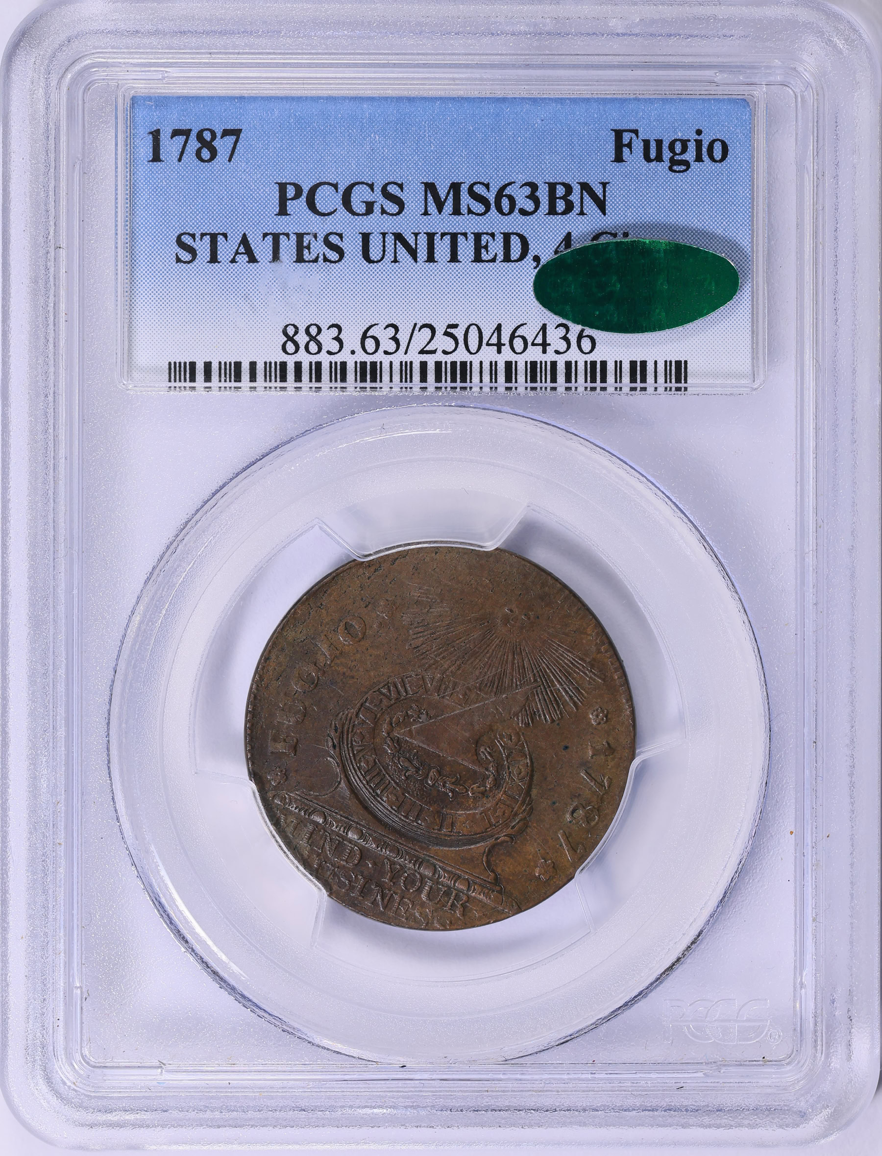 1787 Fugio Cent STATES UNITED, 4 Cinq PCGS MS-63 BN (CAC Green) (Item ...
