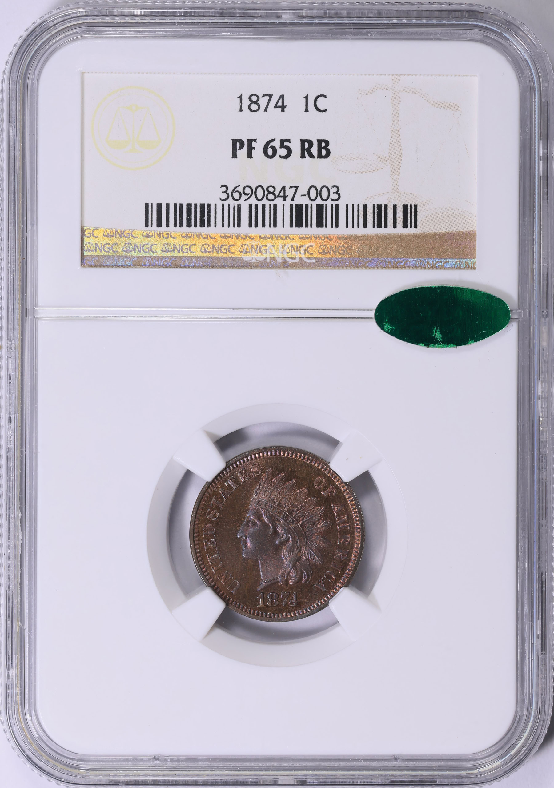 1874 Indian Cent NGC Proof-65 RB (CAC Green) (Toned) (Item 1850439) | GreatCollections Coin Auctions