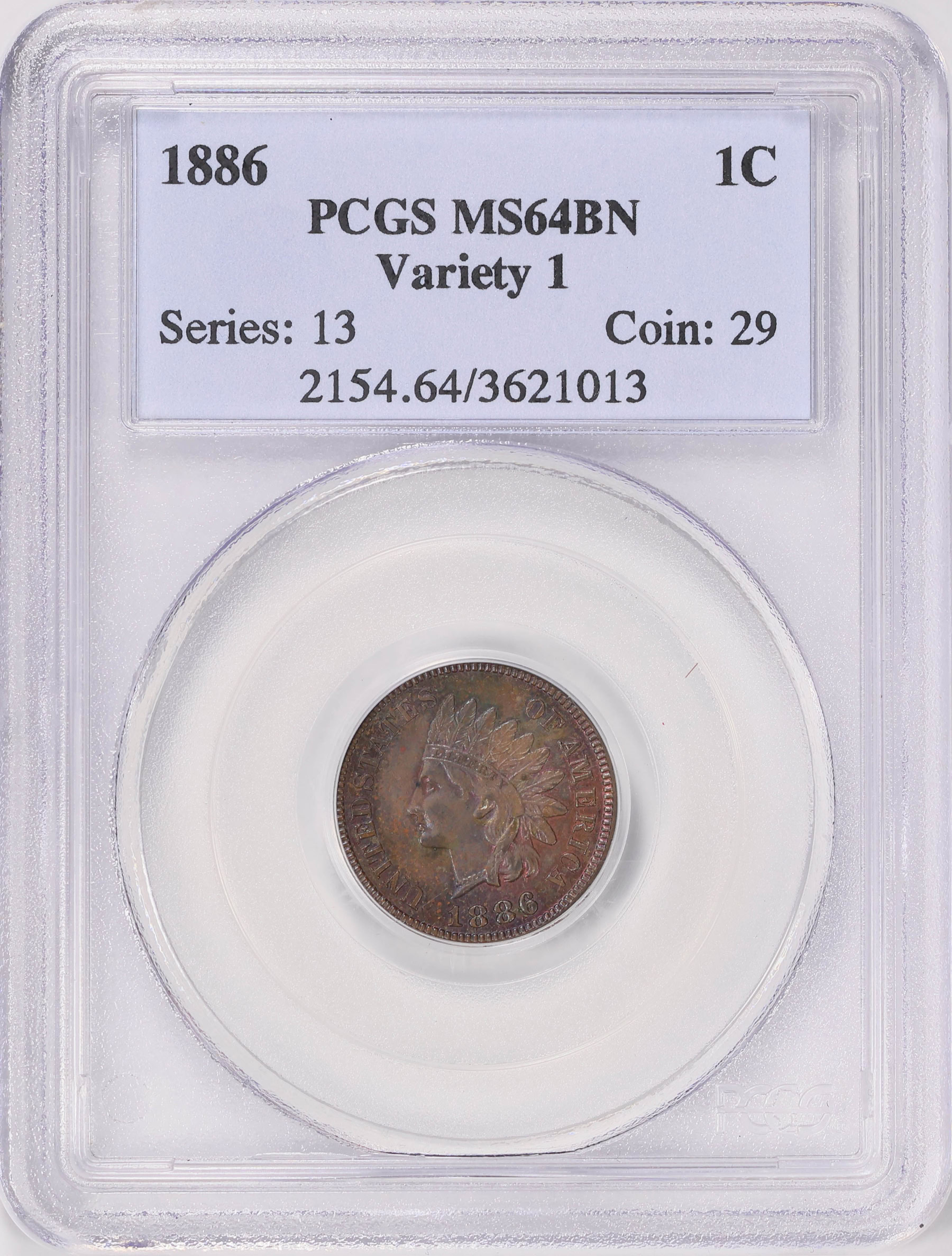 1886 Indian Cent Variety 1 PCGS MS-64 BN (Toned) (Item 1850480) | GreatCollections Coin Auctions
