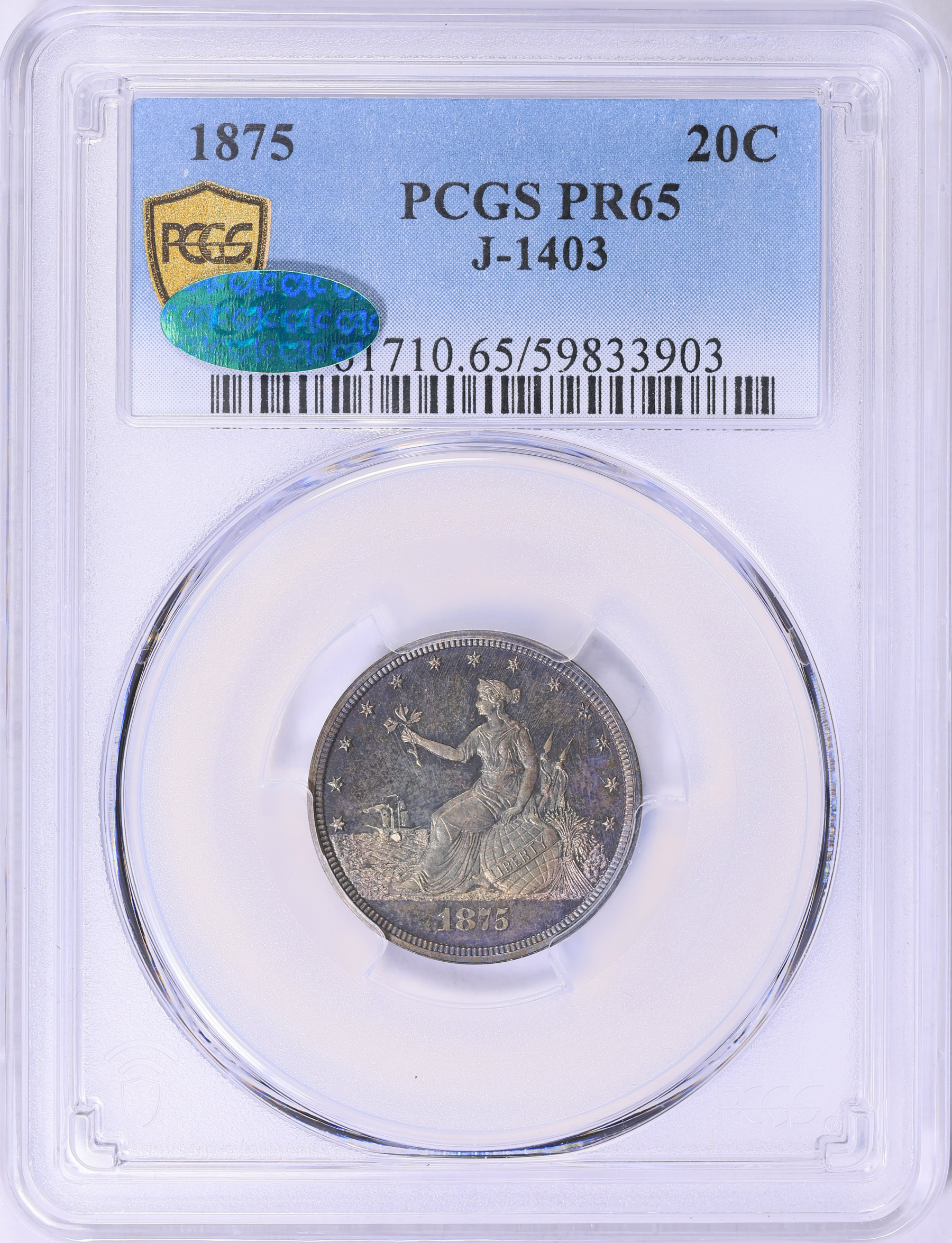 Pattern 1875 20c J-1403 PCGS Proof-65 (CAC Green) (Toned) (Item 1850532 ...