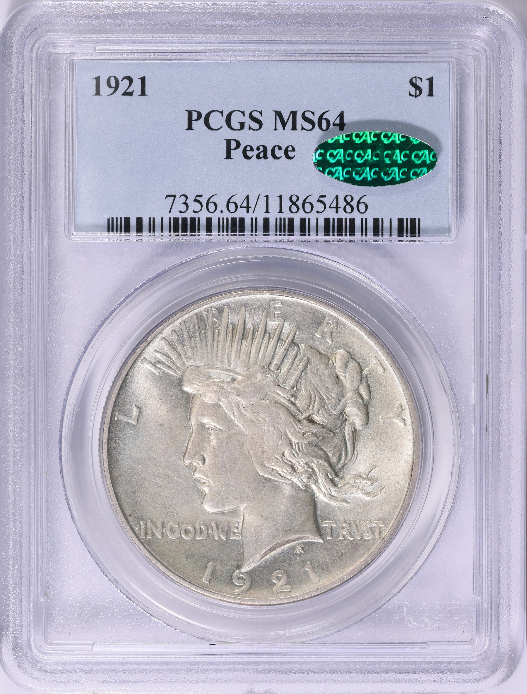 1921 Peace Silver Dollar High Relief PCGS MS-64 (CAC Green) (Item ...