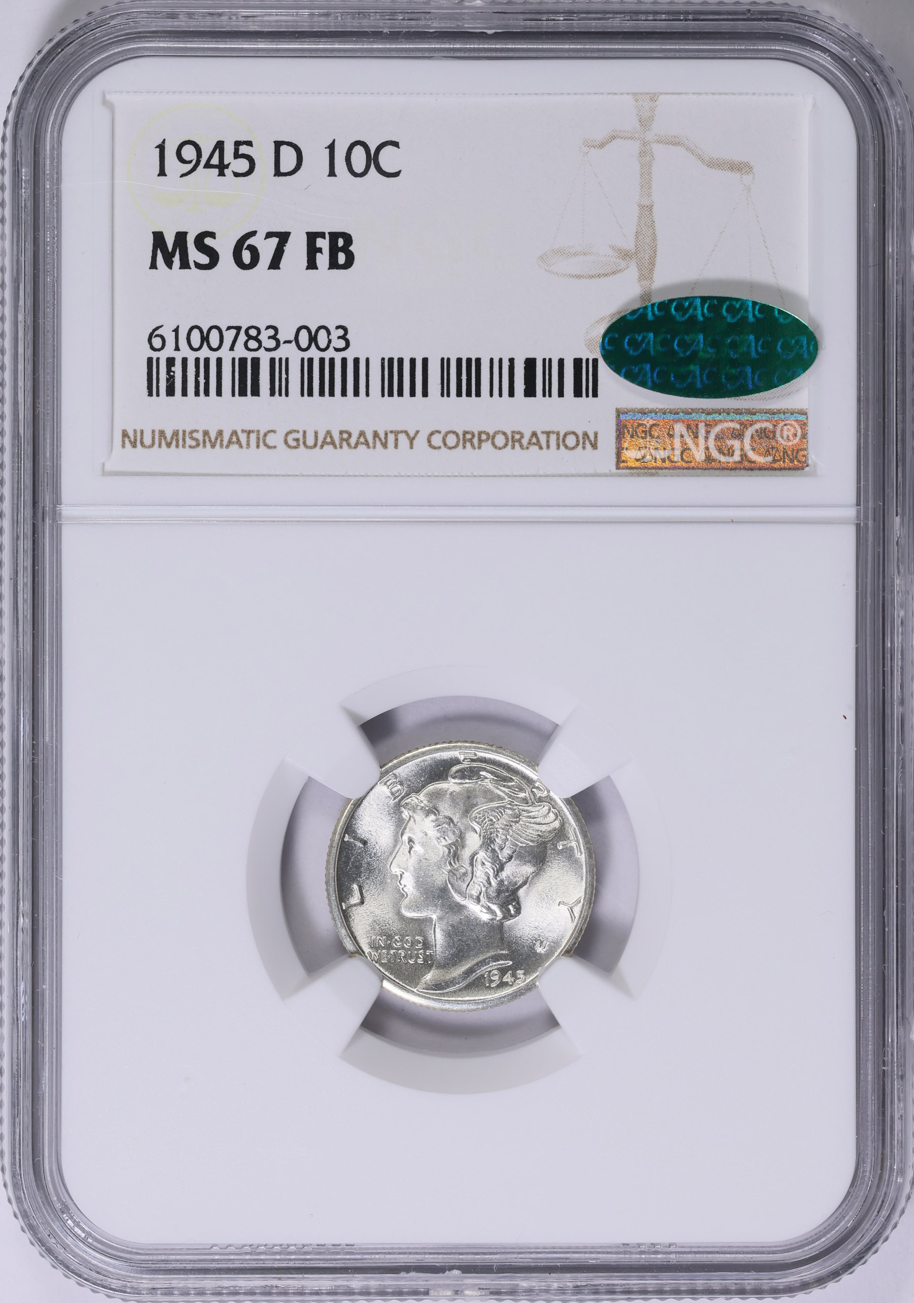 1945-D Mercury Dime NGC MS-67 FB (CAC Green) (Item 1850583) | GreatCollections Coin Auctions