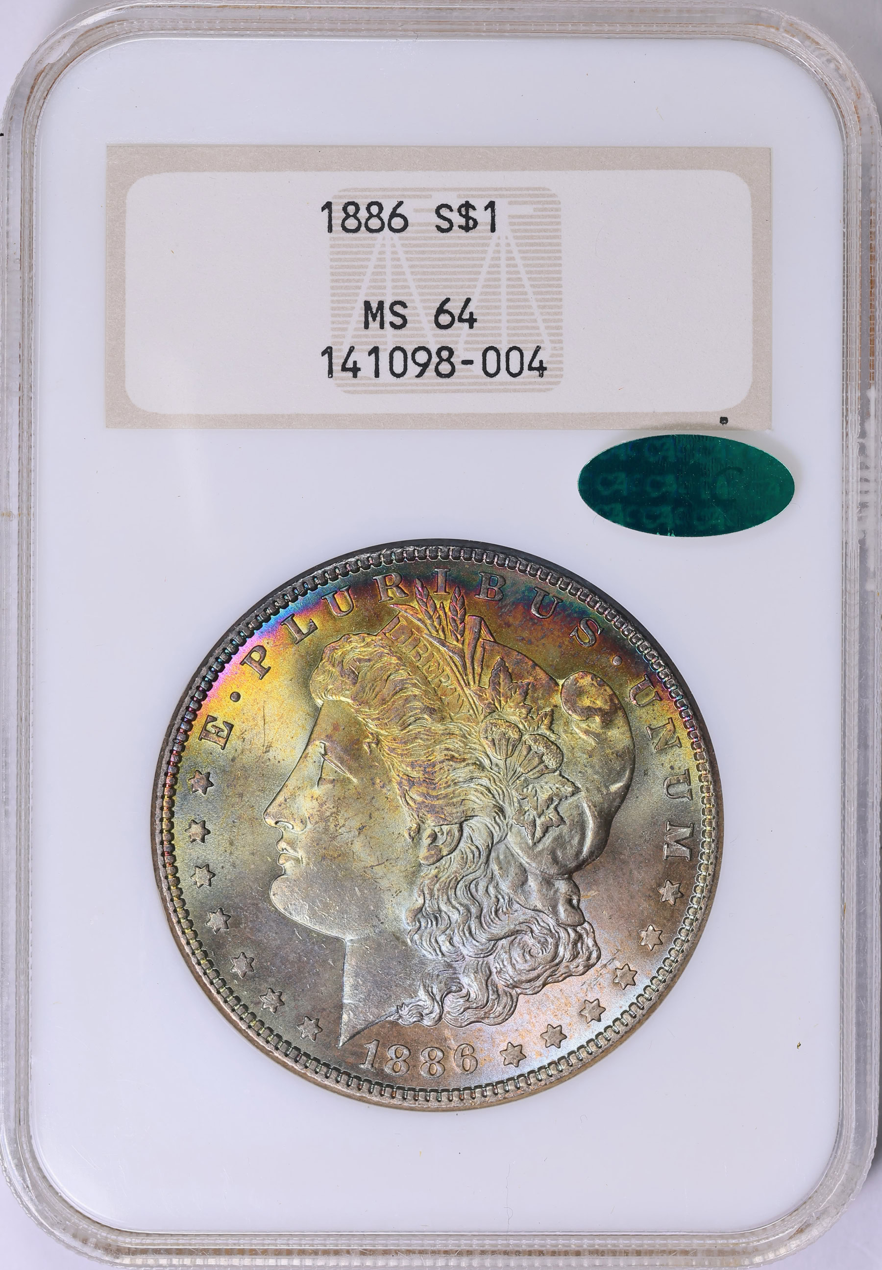 1886 Morgan Silver Dollar NGC MS-64 (CAC Green) (Toned) OH (Item 1850592) | GreatCollections ...