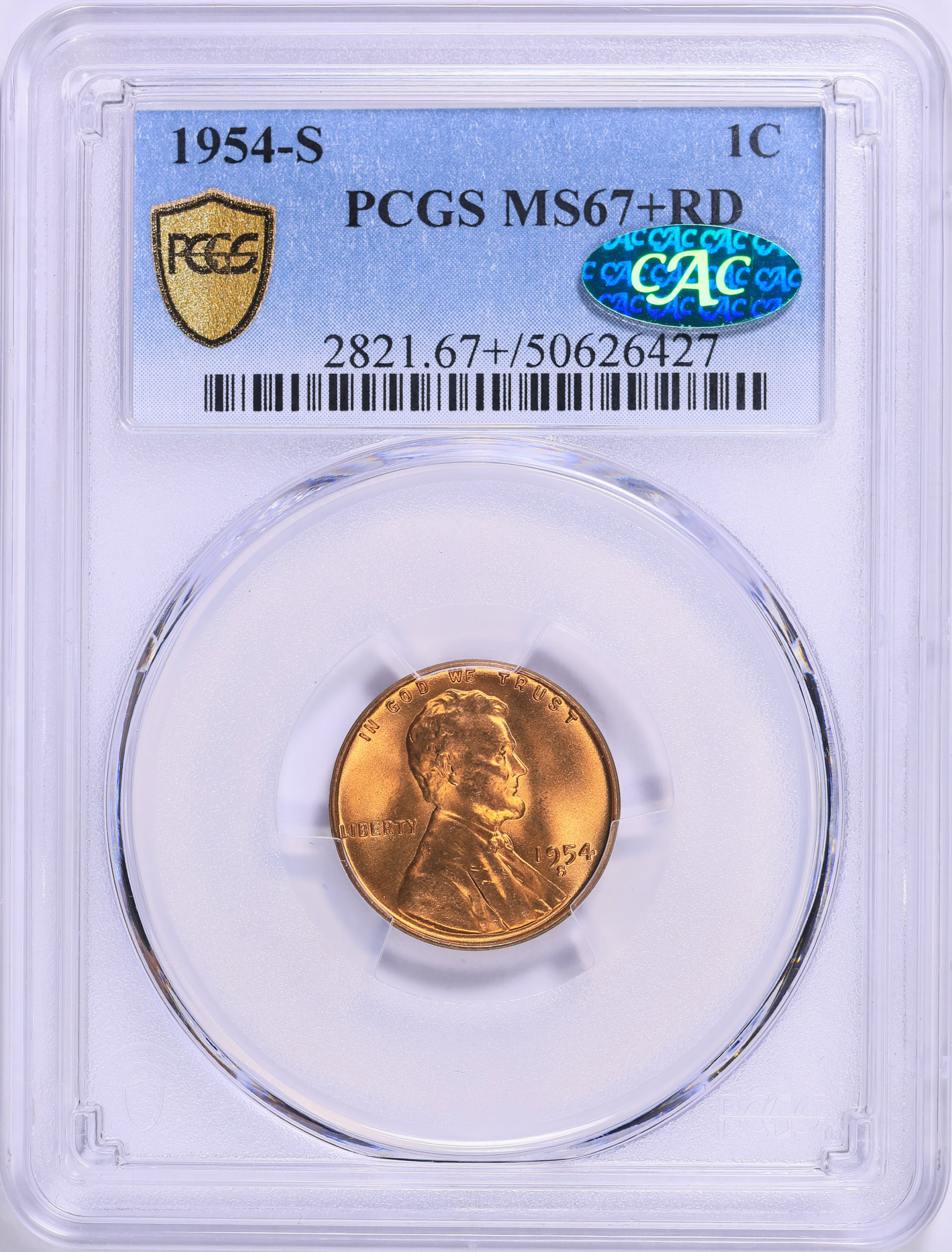 1954-S Lincoln Cent PCGS MS-67+ RD (CAC Green) (Item 1850686) | GreatCollections Coin Auctions