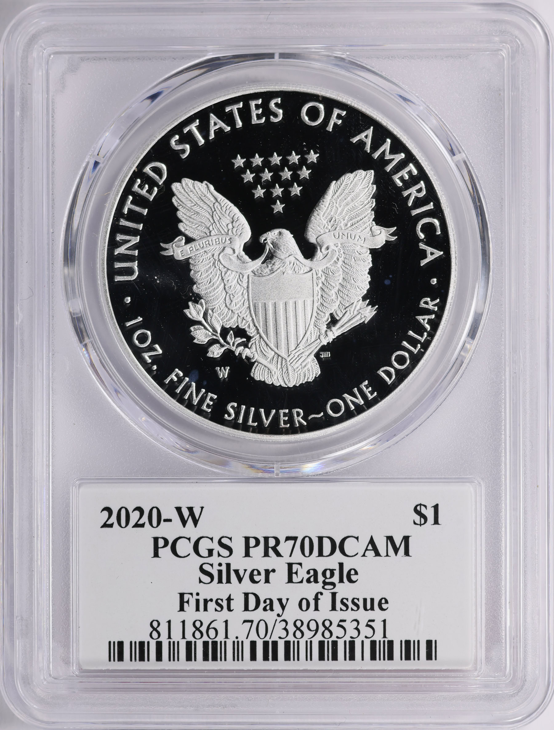 2020-W $1 Silver Eagle First Day of Issue PCGS Proof-70 DCAM (Jim Peed ...