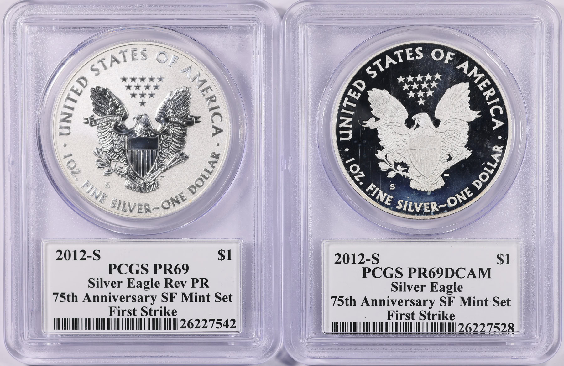 2012-S $1 Silver Eagle Proof & Reverse Proof 75th Anniversary SF Mint ...