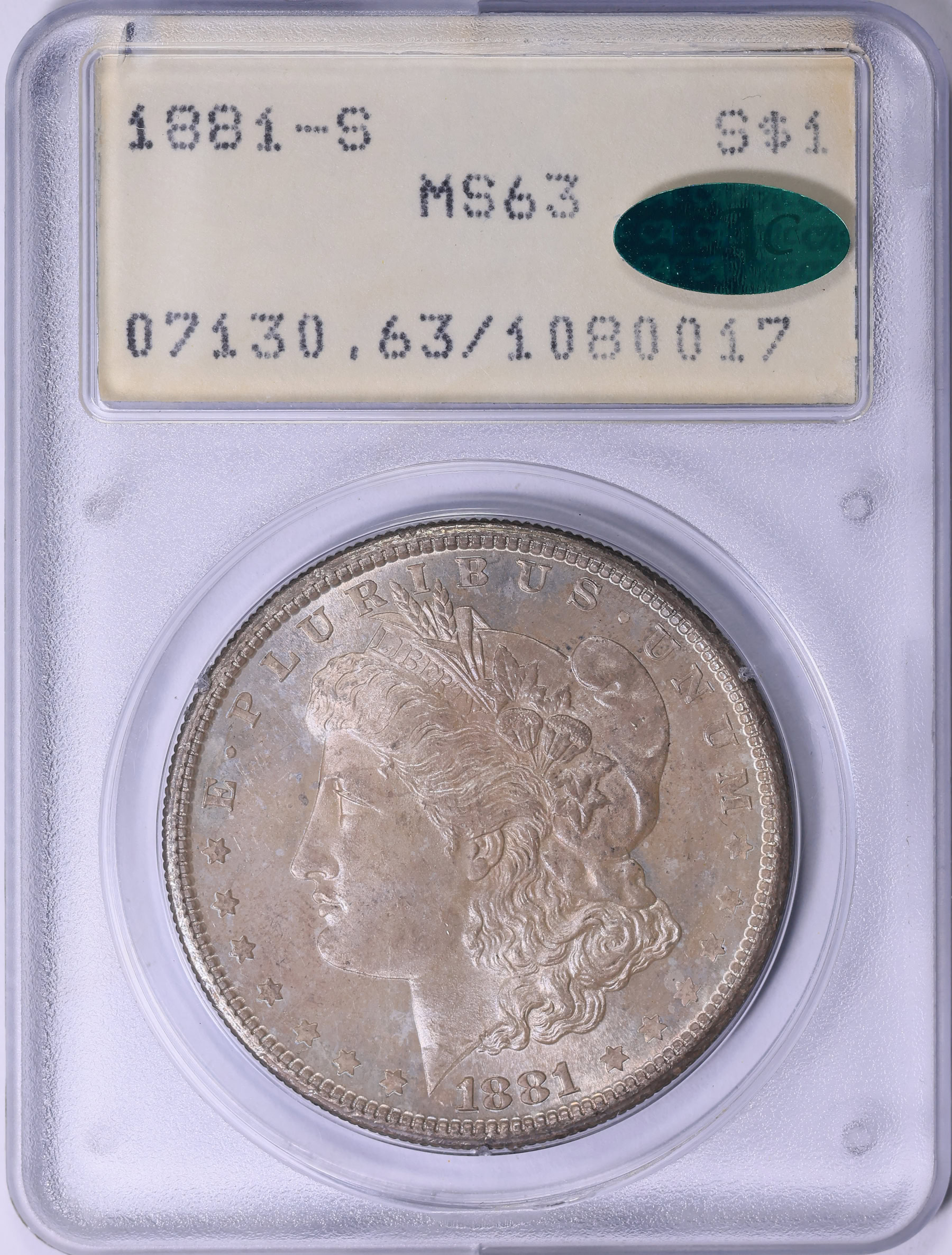 1881-S Morgan Silver Dollar PCGS MS-63 (CAC Green) (Toned) OGH (1st Gen - White Rattler) (Item ...