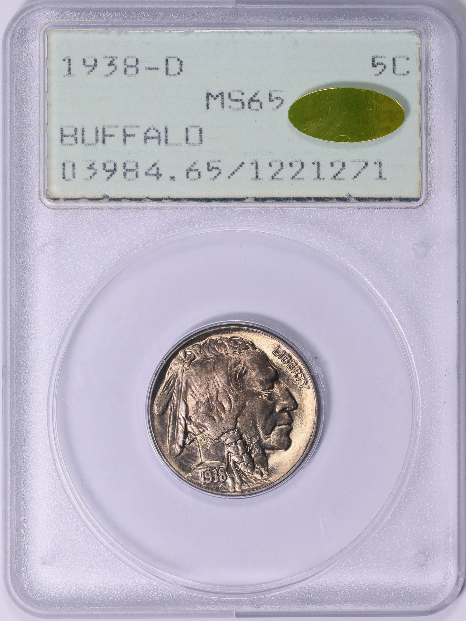1938-D Buffalo Nickel PCGS MS-65 (CAC Gold) OGH (1st Gen) (Item 1850846) | GreatCollections Coin ...