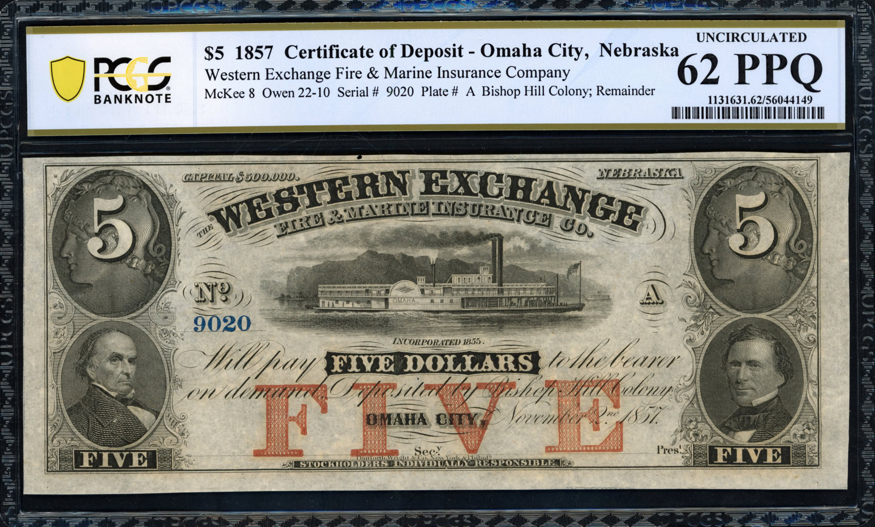1857 Omaha City-Bishop Hill Colony, Nebraska Western Exchange Fire ...
